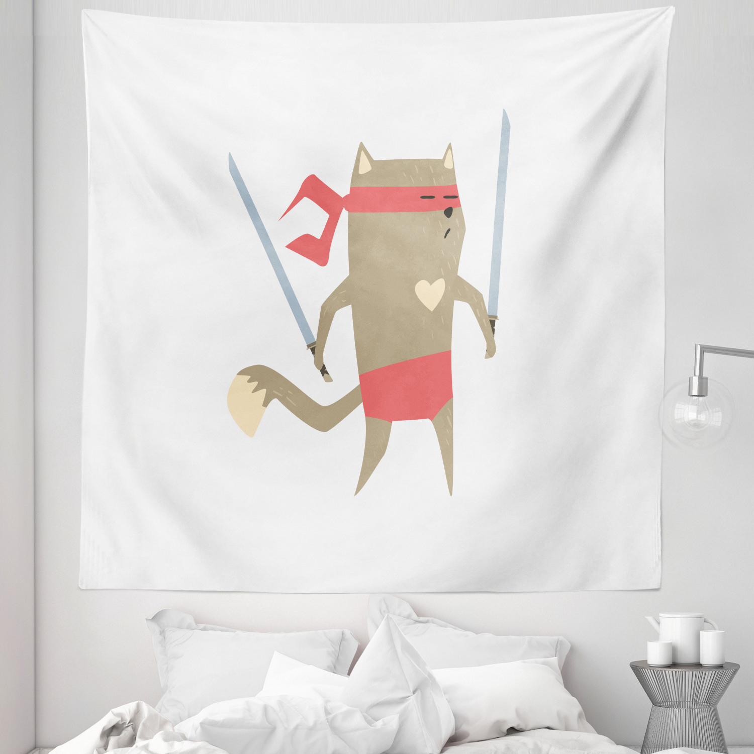 Cat Tapestry, Crime Fighter Ninja Cat and Heart Cartoon Superpower ...