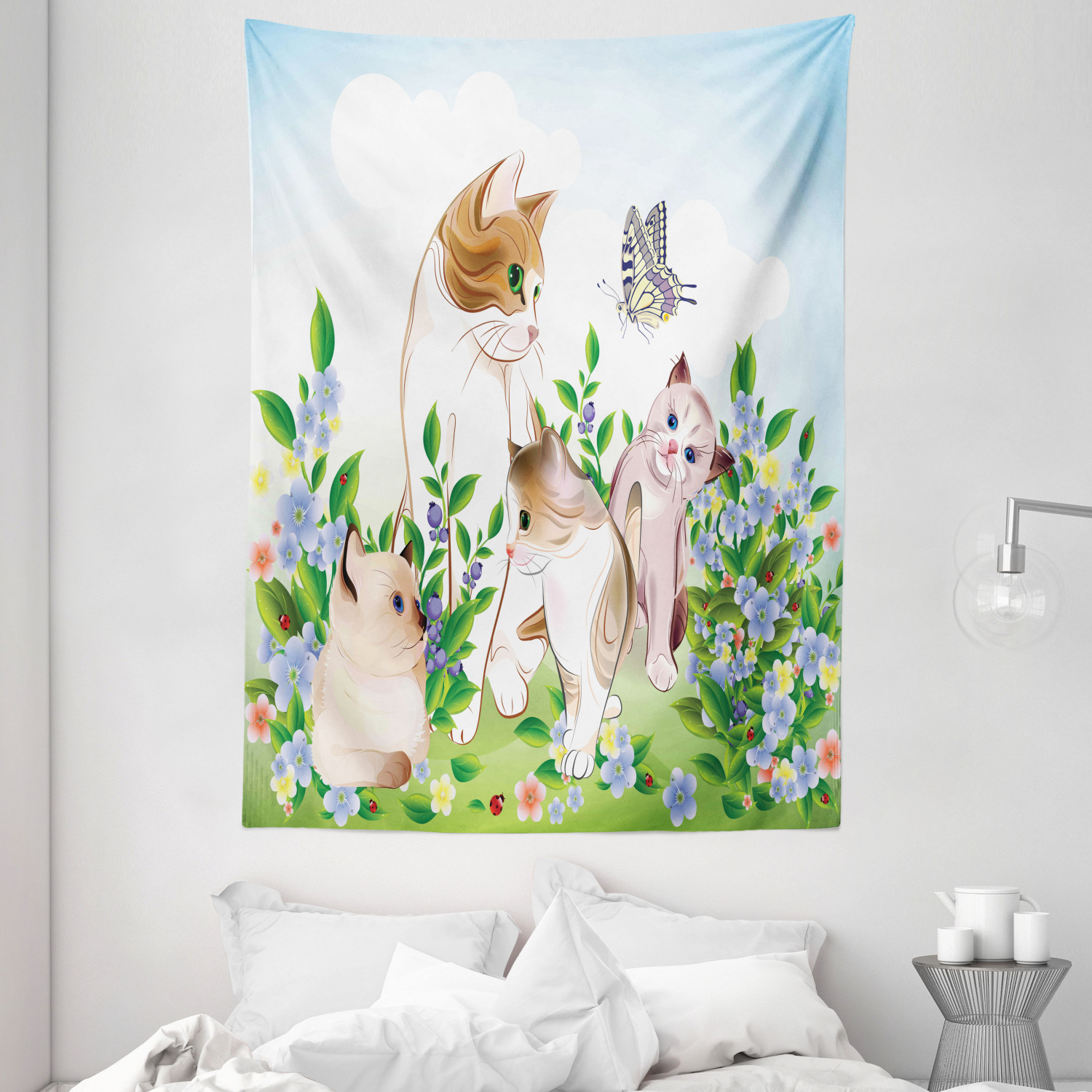 Cat Tapestry, Cute Kittens in Flower Meadow Field Happy Cats Family ...