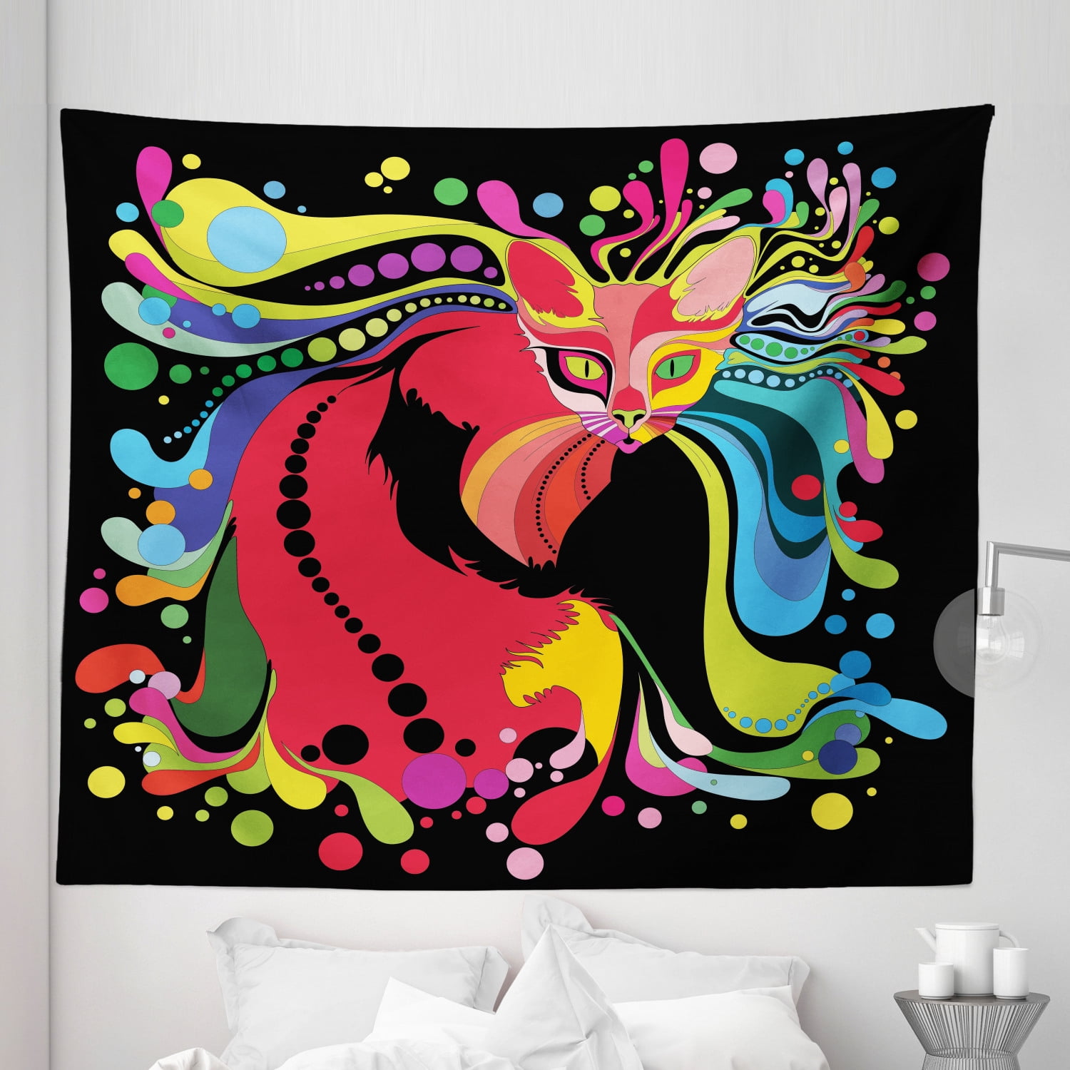 Cat Tapestry, Futuristic Kitty Visual Print Fluid Swirling Color Burst ...