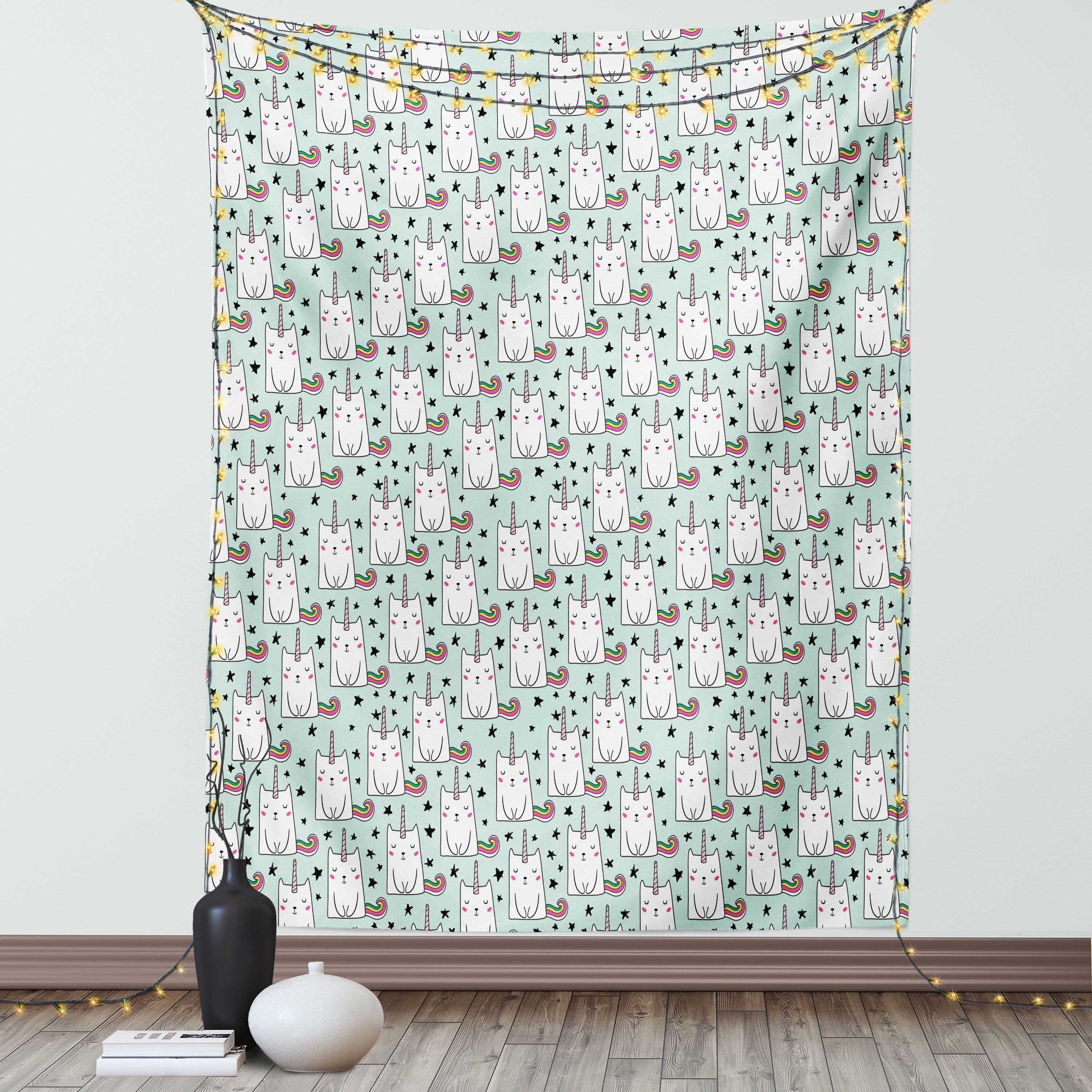 Cat Tapestry, Hand Drawn Star Filled Background Feline with Unicorn ...