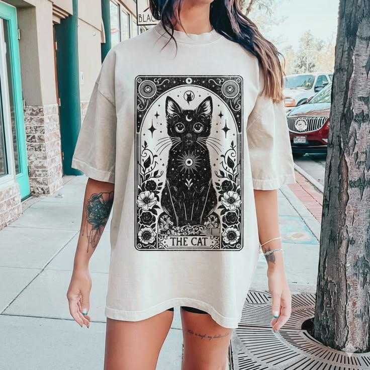 Cat Tarot Card Shirt, Black Cat Celestial Graphic Illustration Design ...
