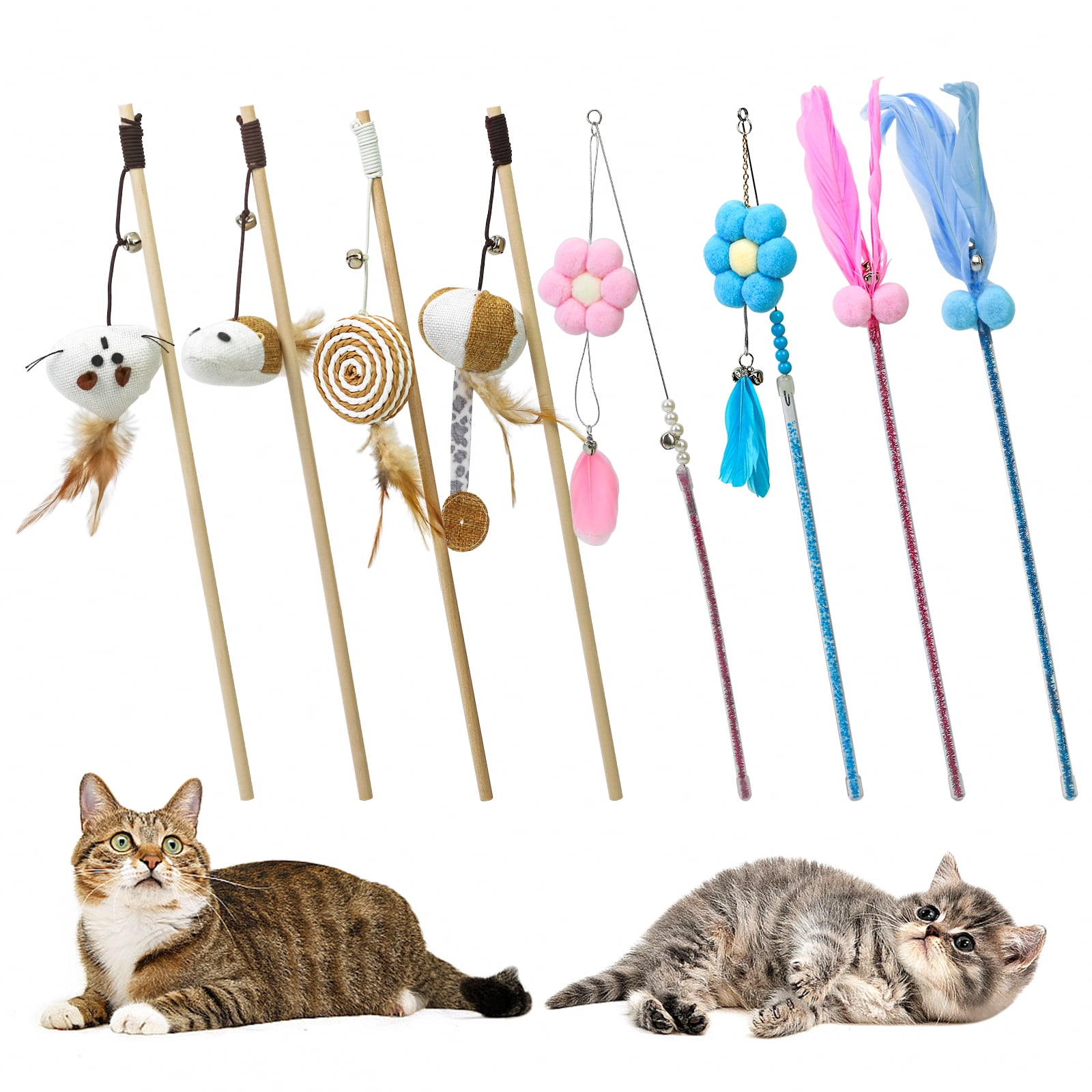 Cat Teaser 8pcs Cat Kitten Toys Set,Natural Feather Linen Wand Teasers ...
