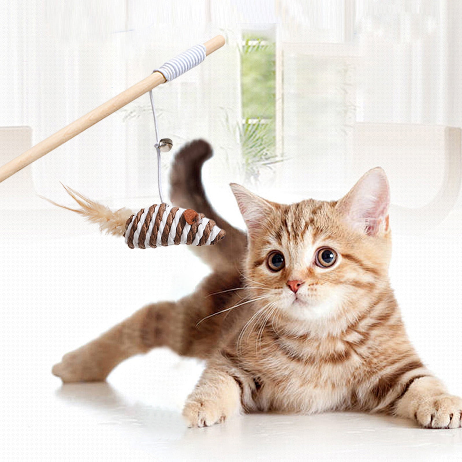 Cat Teaser Toy | Wooden Handle Interactive Wand | Elastic Rope, Feather ...