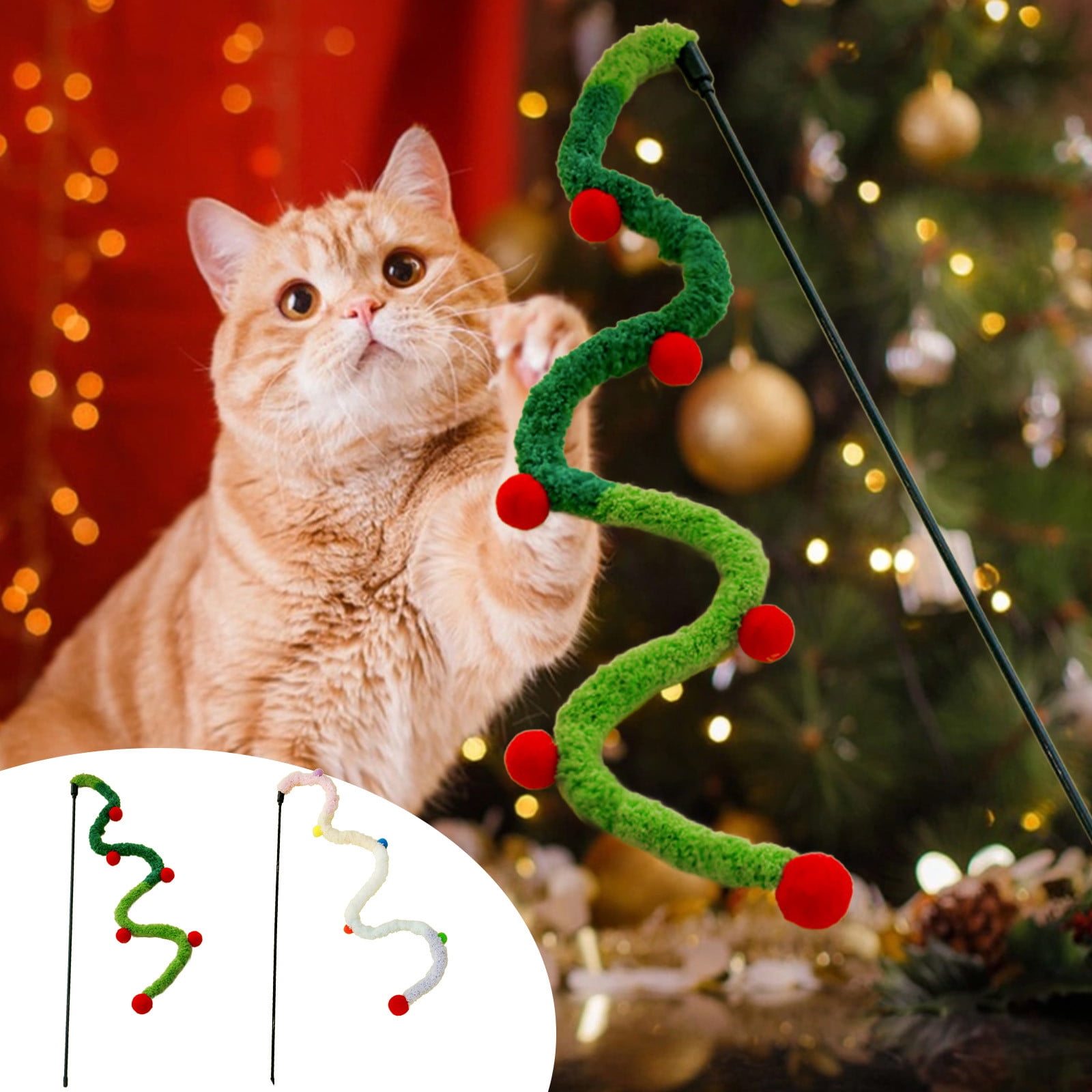 Cat Teaser Wand Toy – Extra Long Plush Strips, Christmas Pom Poms ...