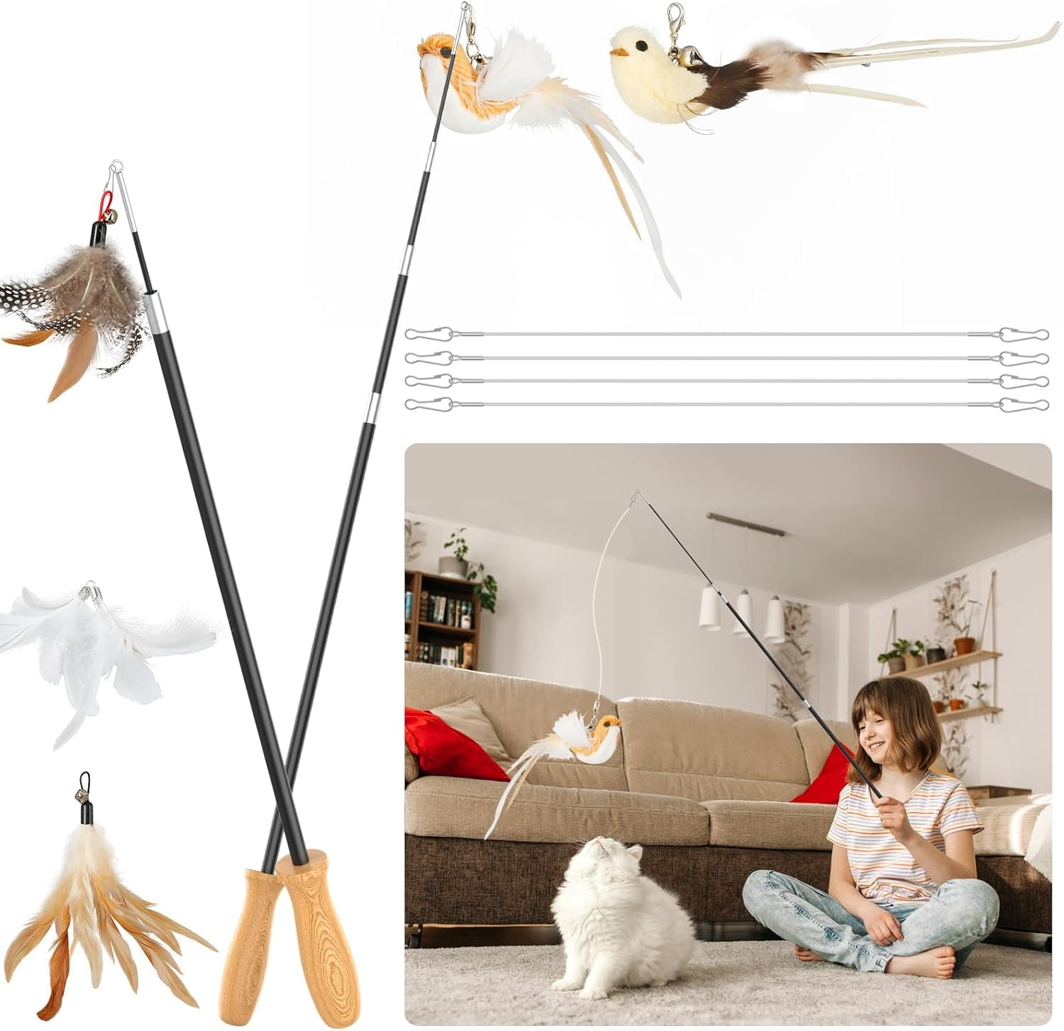 Cat Teaser Wand Toys, Interactive Bird Toys for Indoor Kittens, 42.15 ...