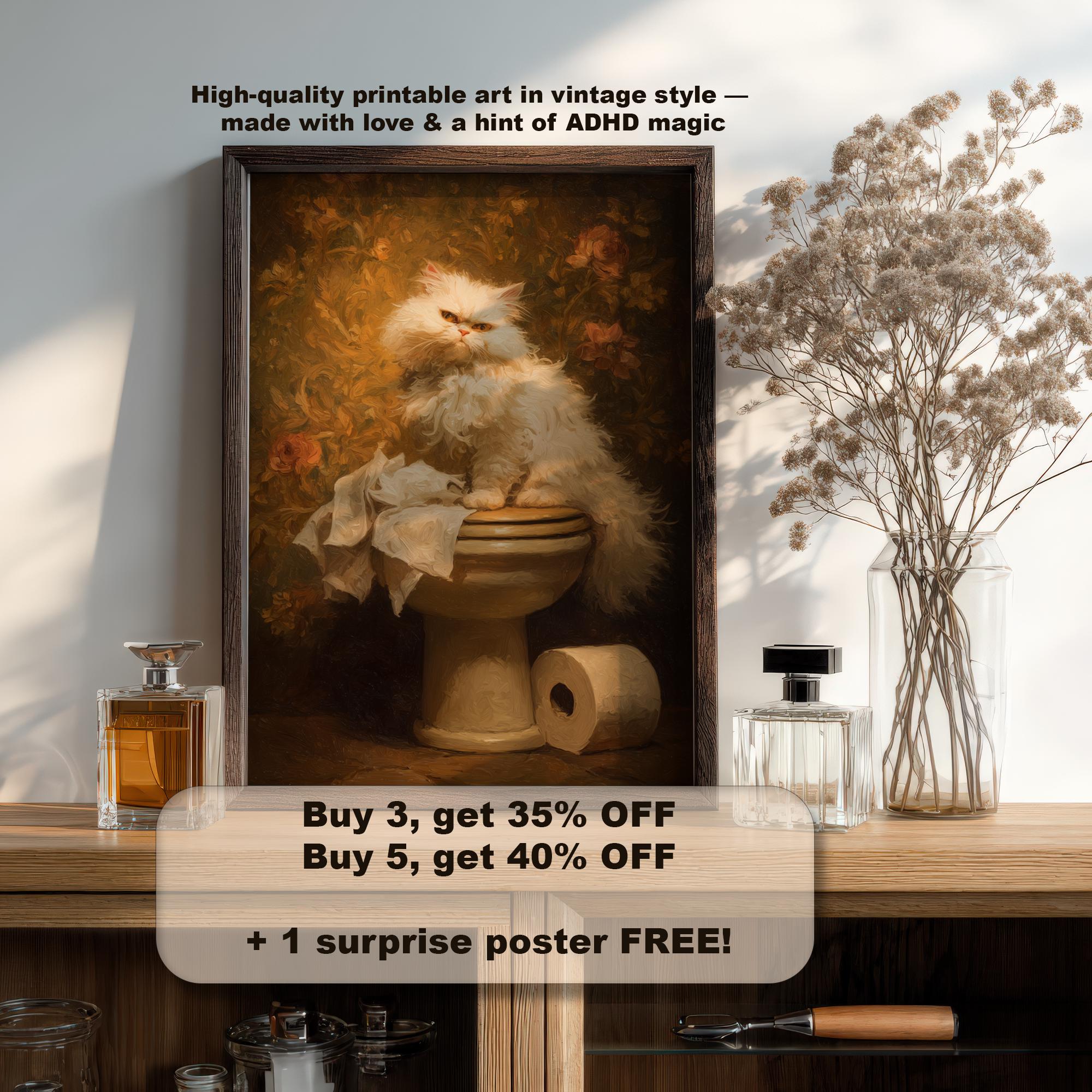 Cat Tet Print: Vintage Baroque Bathroom Art, Persian Cat UNFRAMED ...