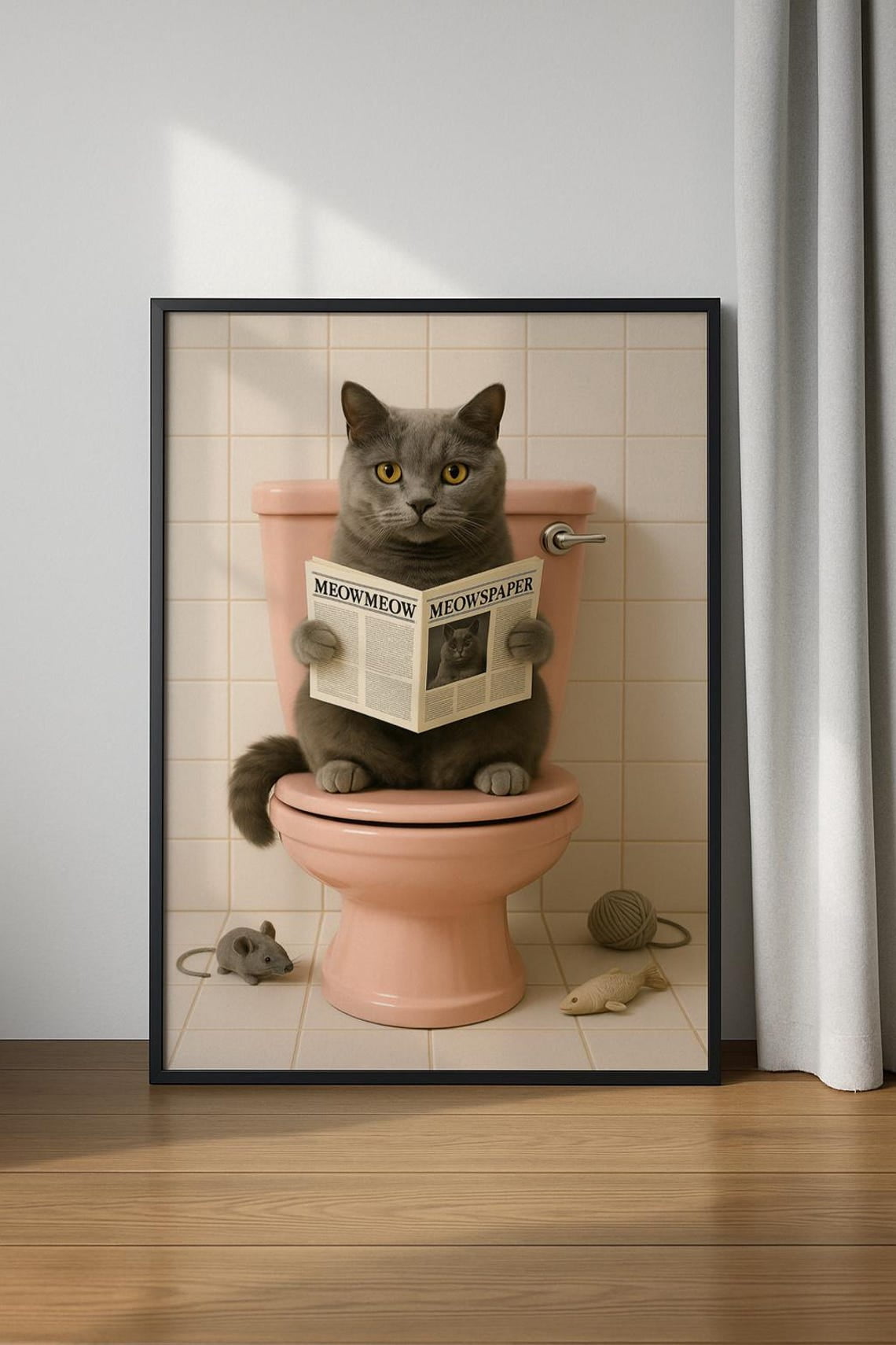 Cat On Tet Reading A Newspaper Poster, Poster, Cute Bathroom Poster ...