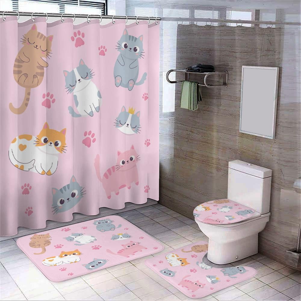 Cat Theme 70" Shower Curtain Set Cute Colorful Cats Bathroom Set 4 Pcs ...
