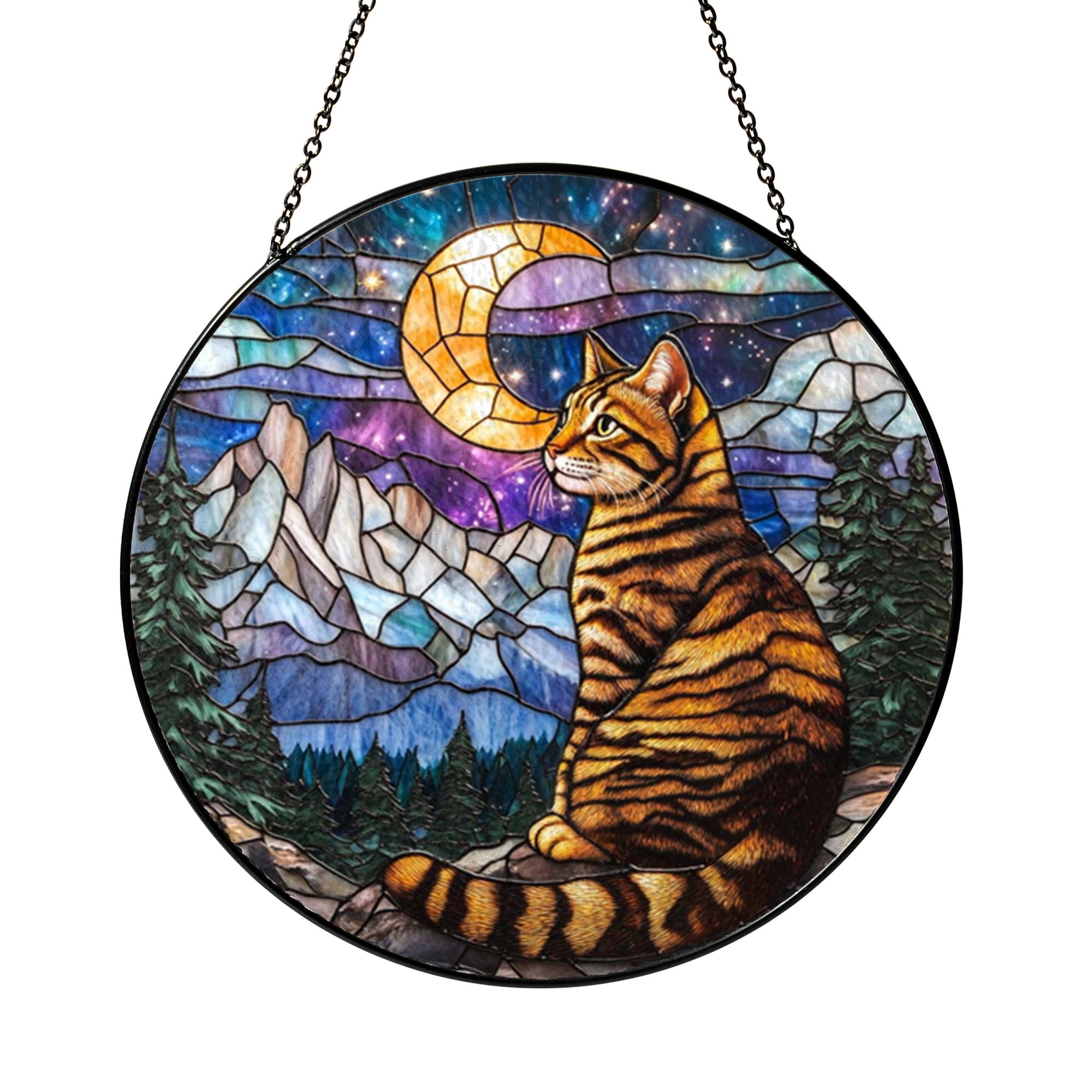 Cat Theme Fantasy Stained Glass Window Hanging, Decorative Feline Glass ...