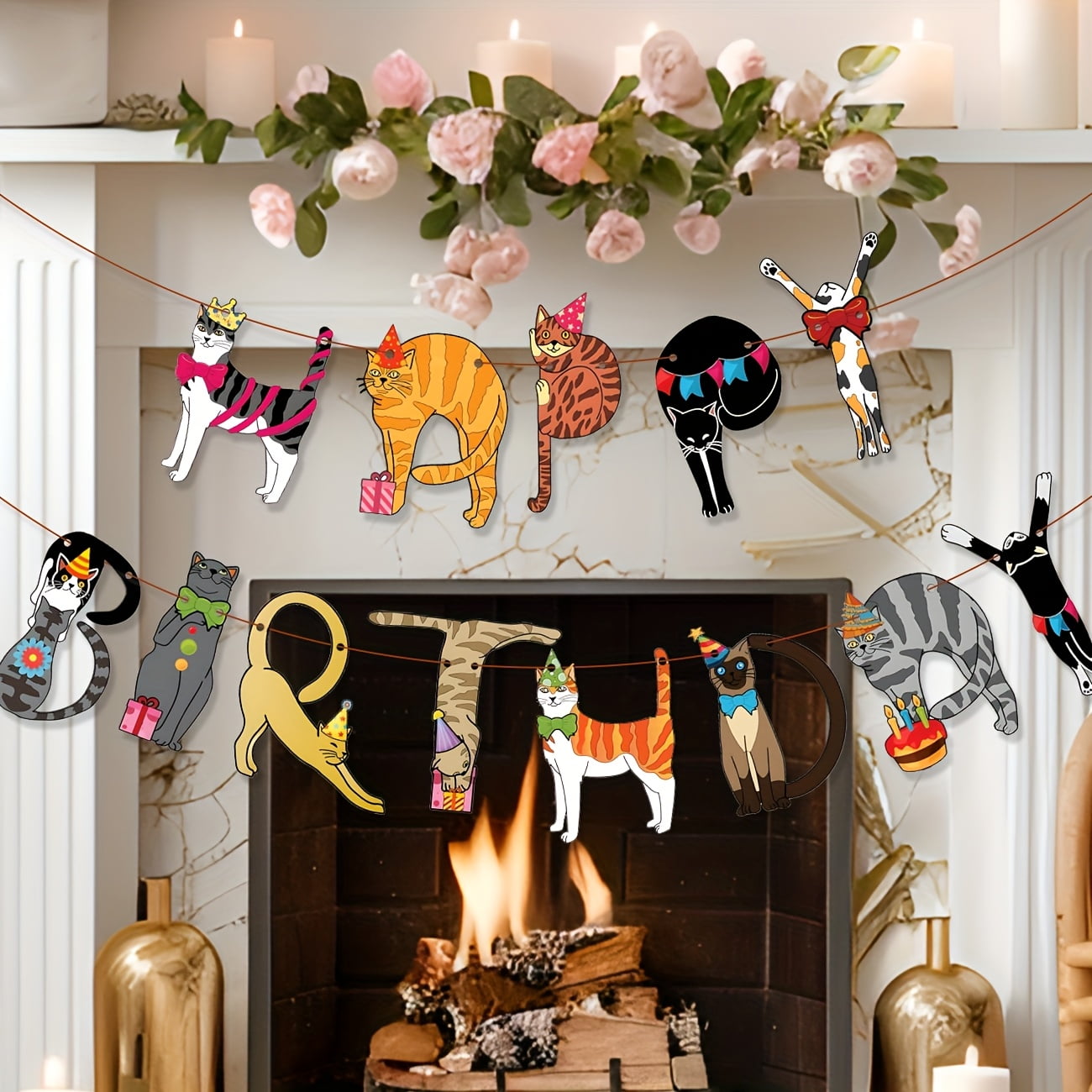 Cat Theme Happy Birthday Banner Decoration - Colorful Paper Party ...