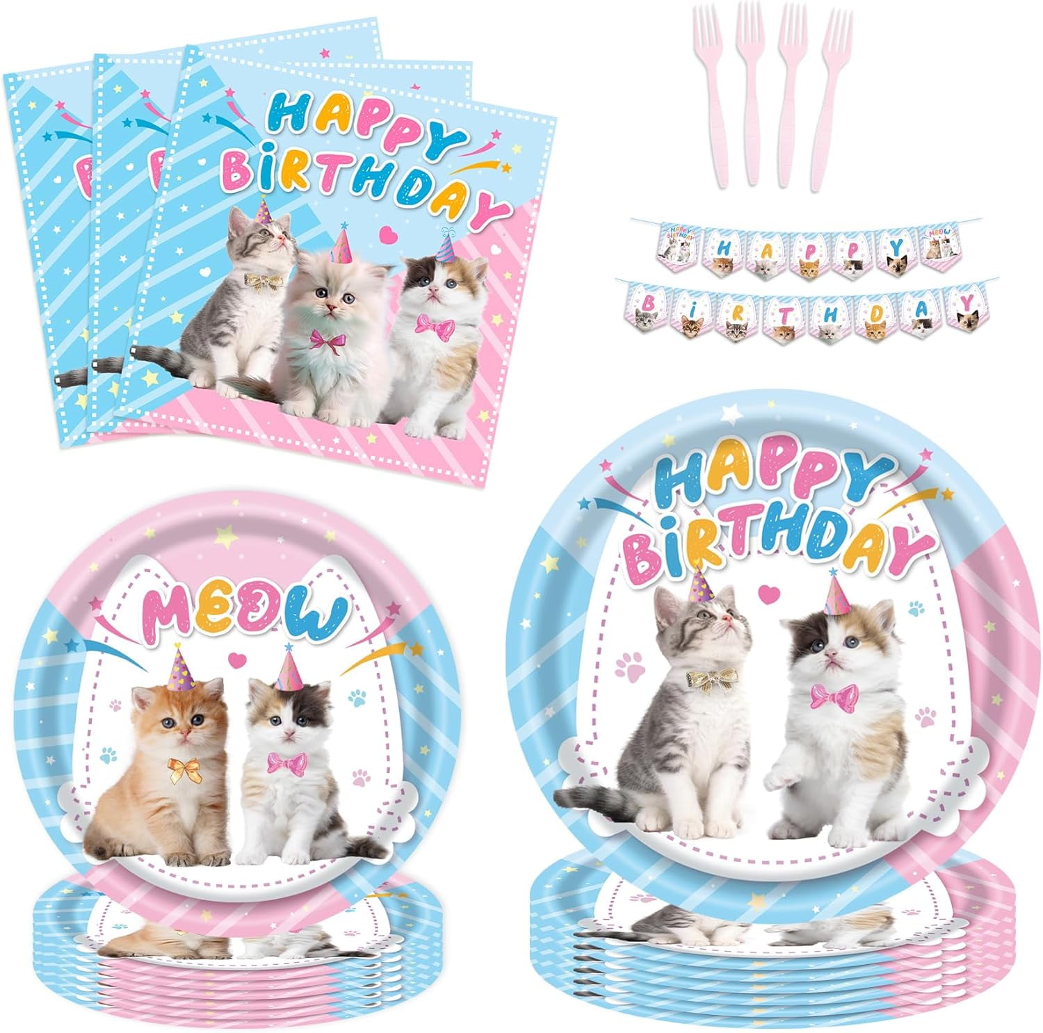 Cat Theme Party Kit for 24 Guests - 97 Pcs Including Plates, Forks ...