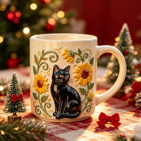 Cat Themed Ceramic Coffee Mug Embossed Floral and Feline Design ...