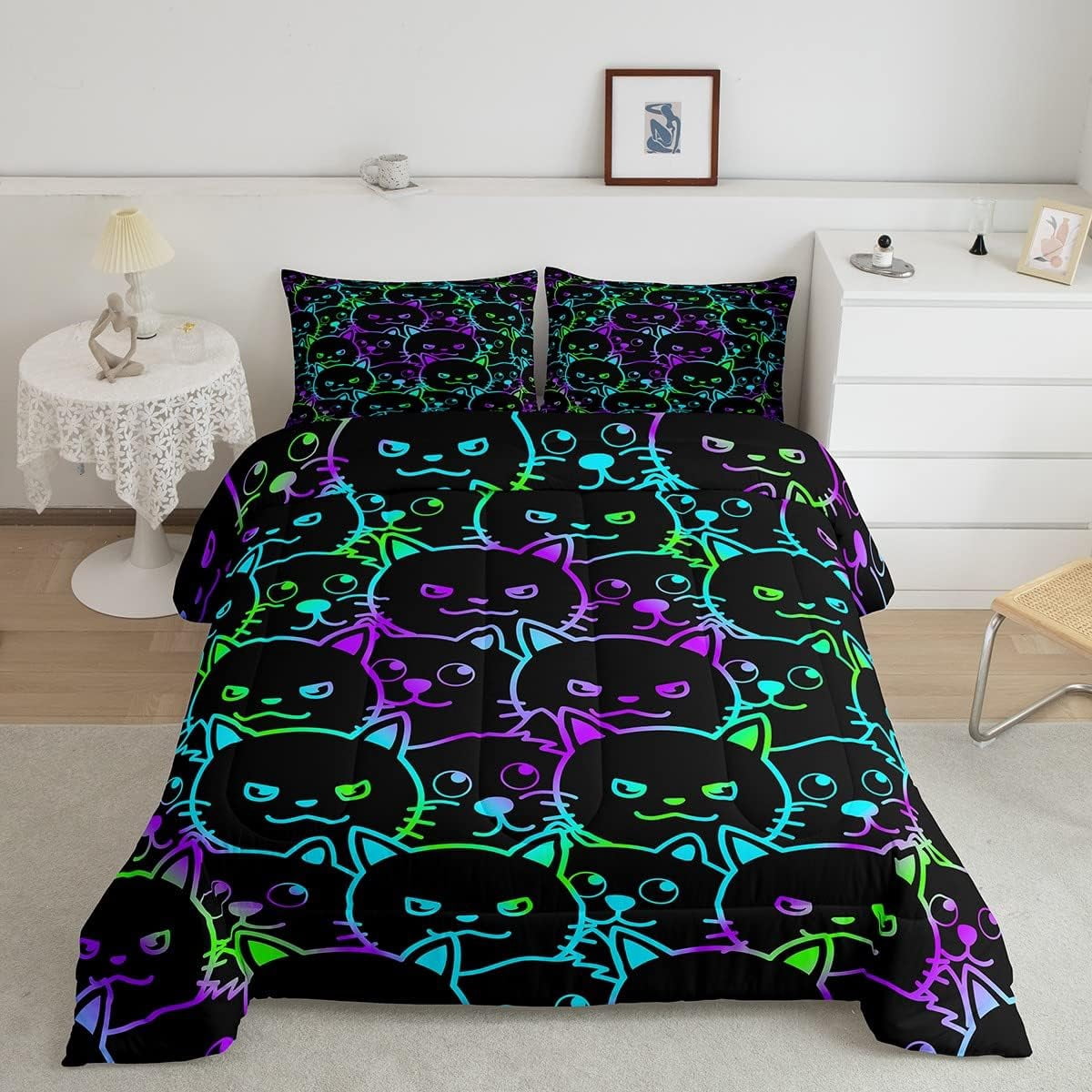 Cat Themed Bedding Full Cute Cartoon Kitten Comforter Rainbow Bright ...