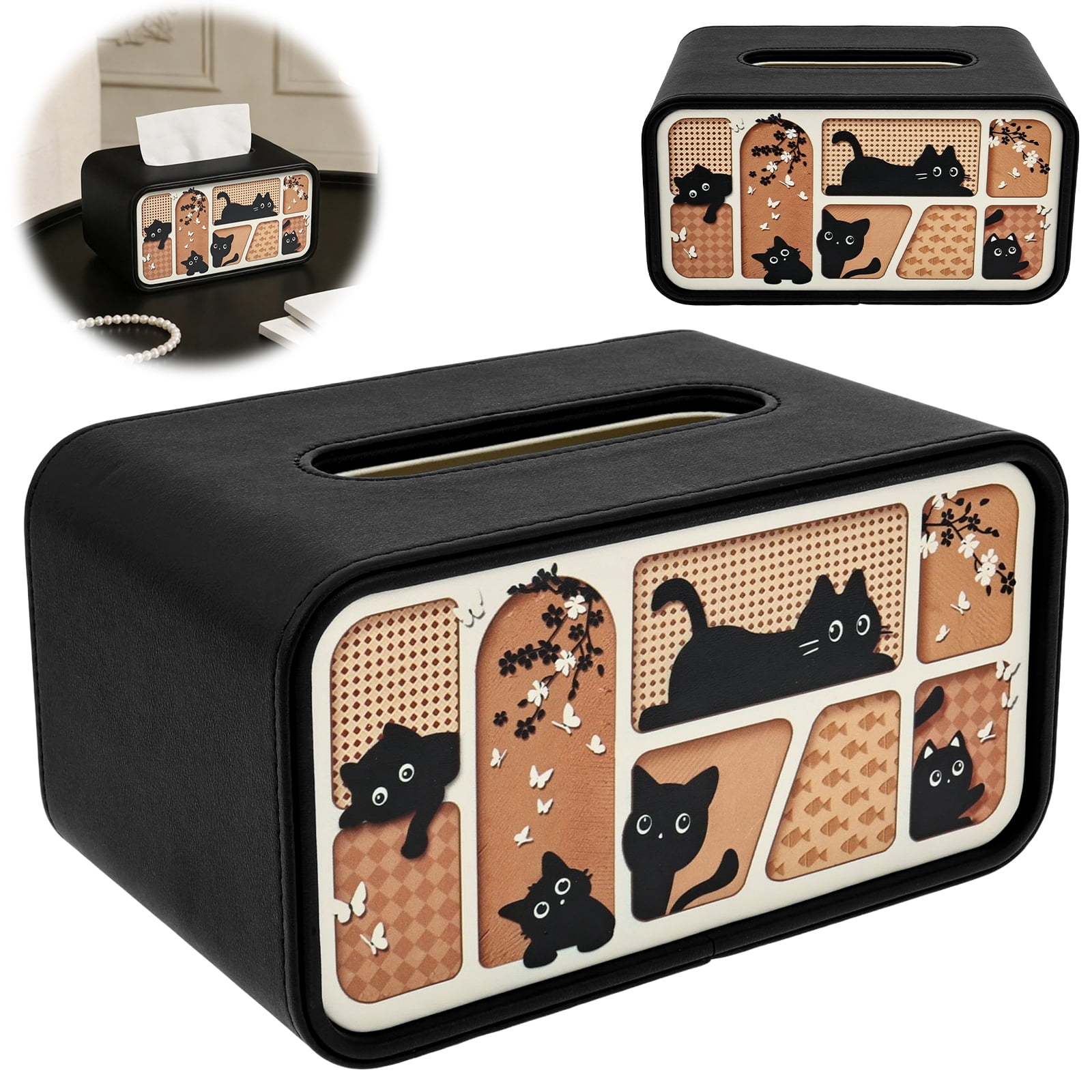 Cat Themed Tissue Box Cover, Rectangle PU Leather Paper Dispenser ...