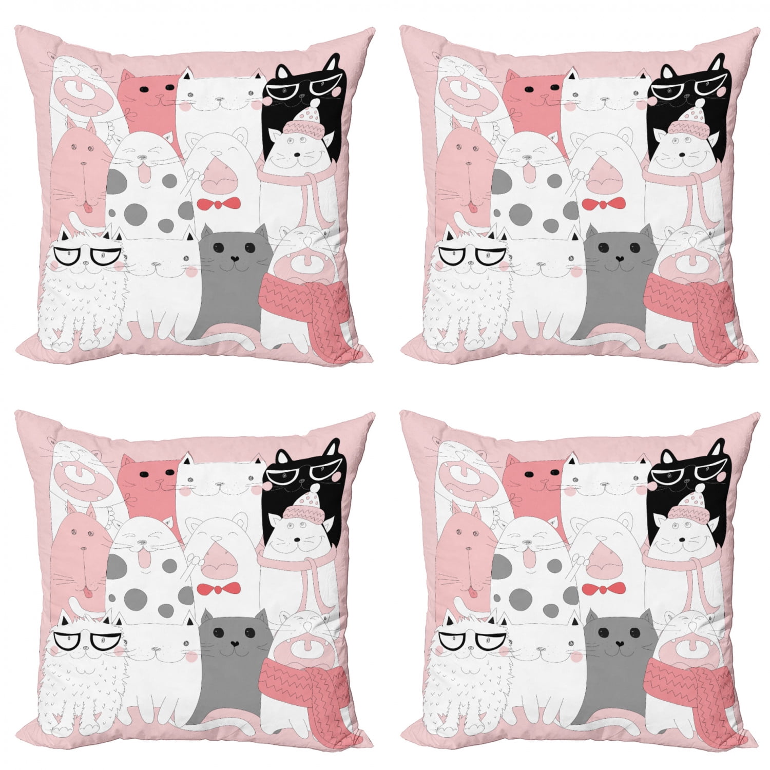 Ambesonne Cat Throw Pillow Cover 4 Pack, Funny Kittens Humor Doodle, 16 ...