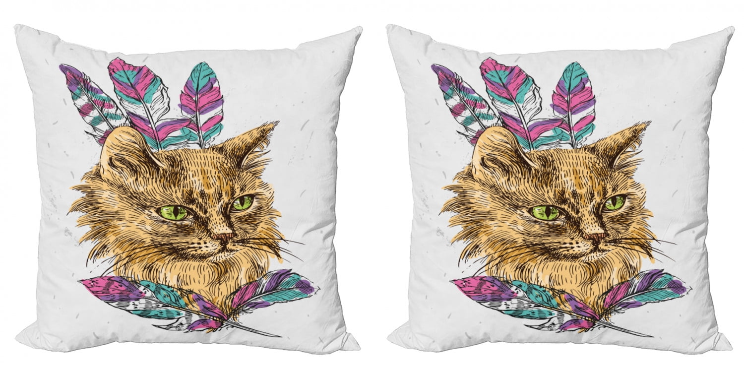 Ambesonne Cat Throw Pillow Cover 2 Pack, Cat with Colorful Feathers, 24 ...