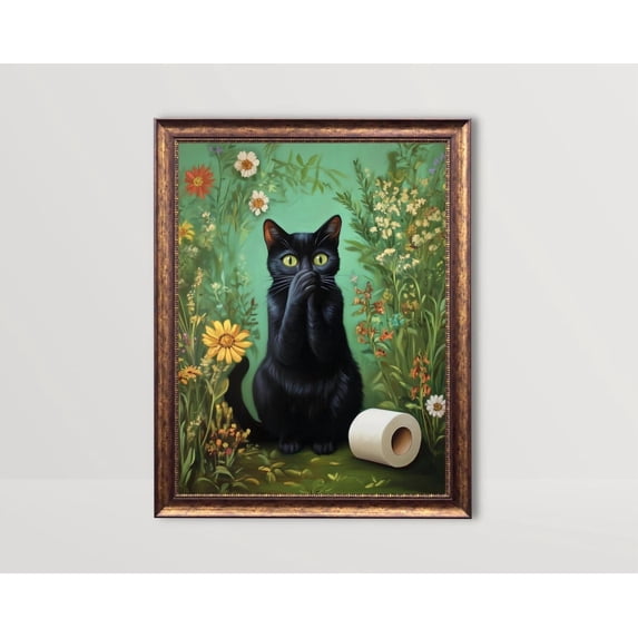 Cat Toilet Paper Bathroom Green Powder Room Black Cat Whimsical Art Fun ...
