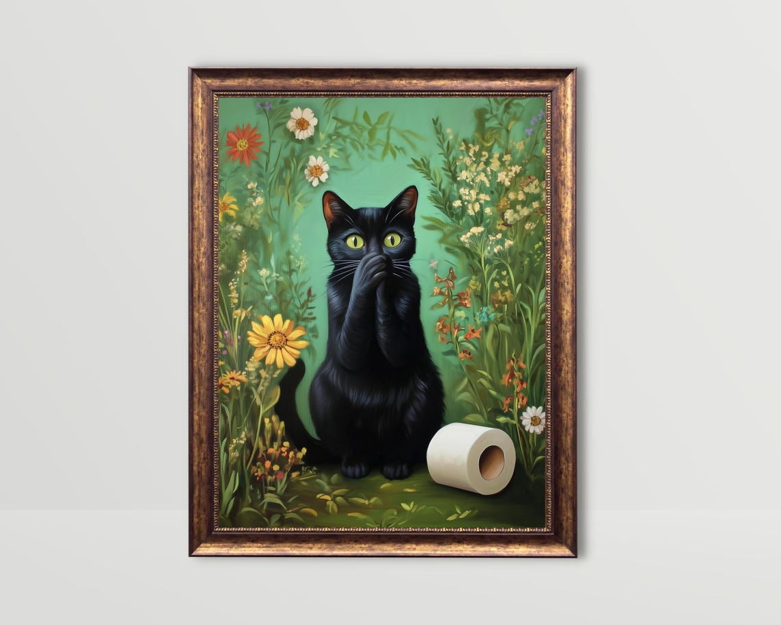 Cat Toilet Paper, Bathroom Wall Art, Green Powder Room Posters, Cute ...