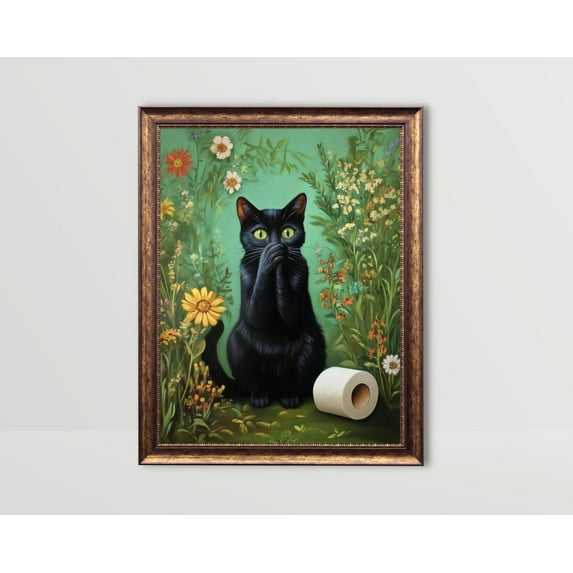 Cat Toilet Paper, Bathroom Wall Art, Green Powder Room Prints, Cute ...