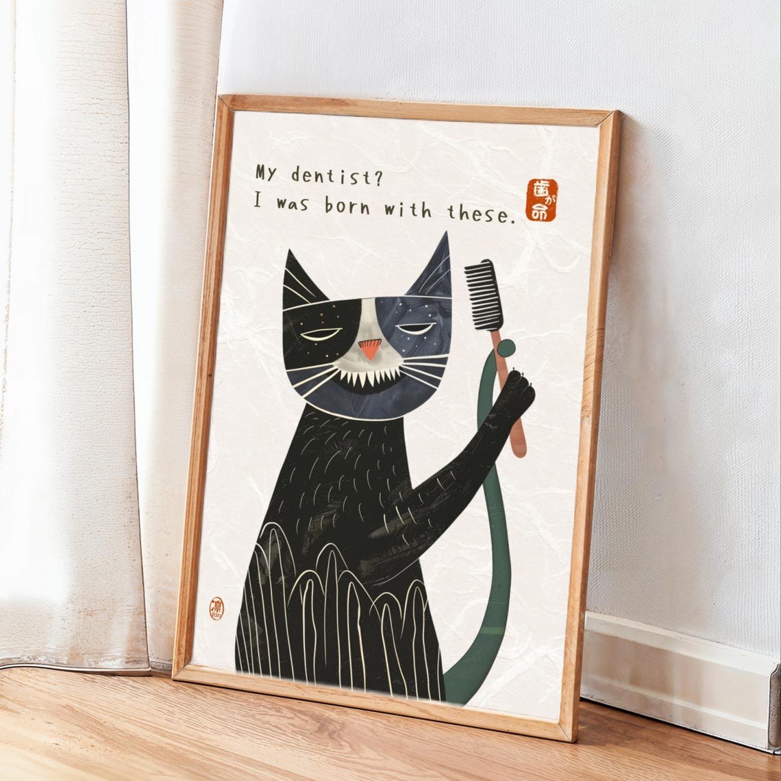 Cat Toothbrush Art, Scandinavian Style With Kanji, Cat Wall Art ...