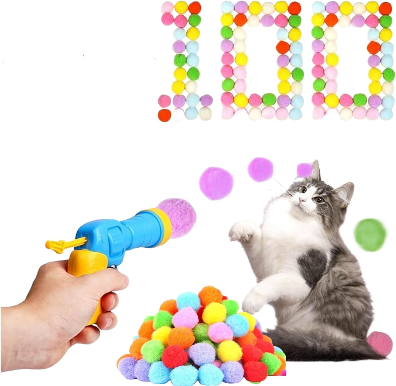 Cat Toy Balls, 100Pcs 1.2Inch Cat Pompom Ball and 1 Cat Ball Toy ...