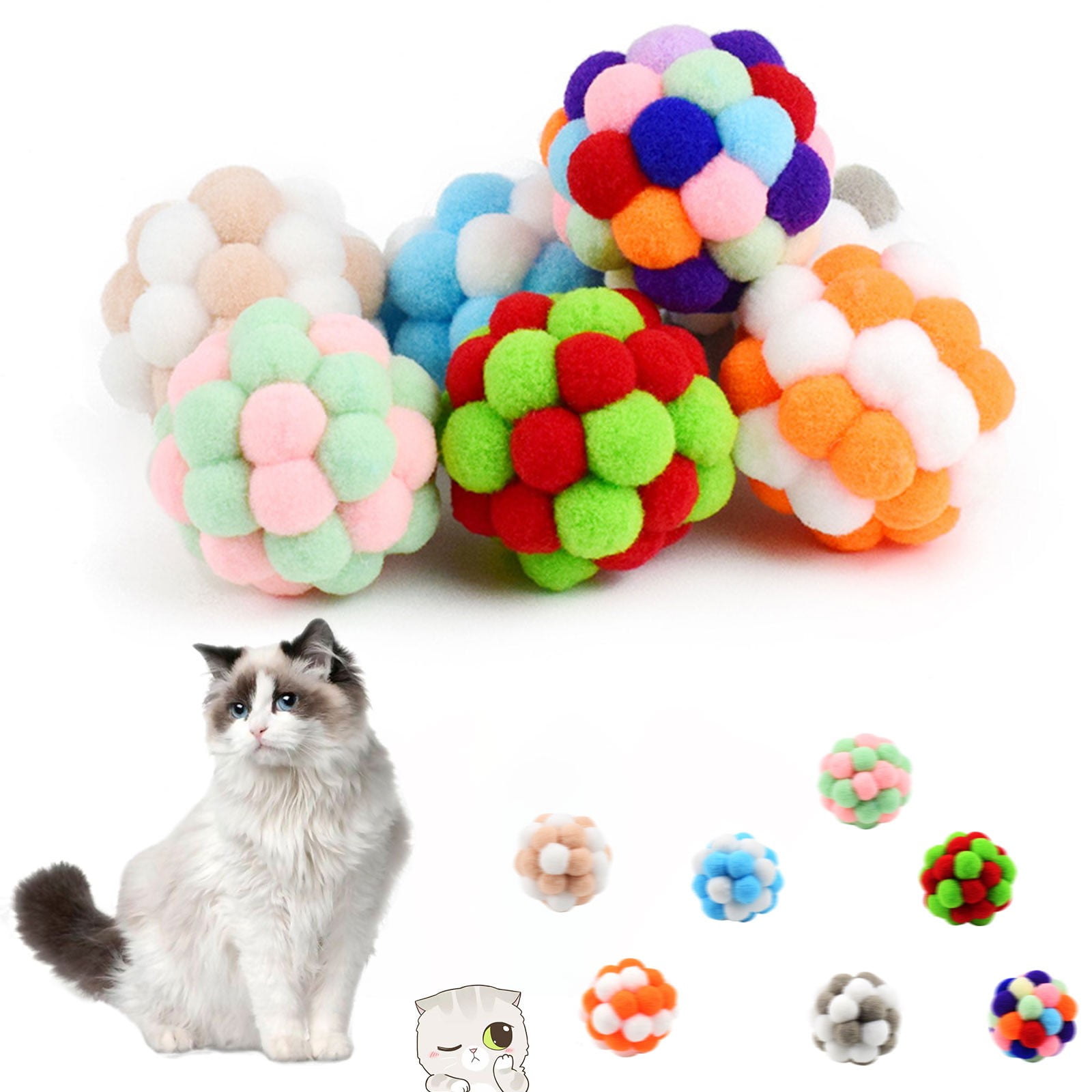 Cat Toy Balls with Bell (3 Sizes/Pack), Colorful Soft Fuzzy Balls Built ...