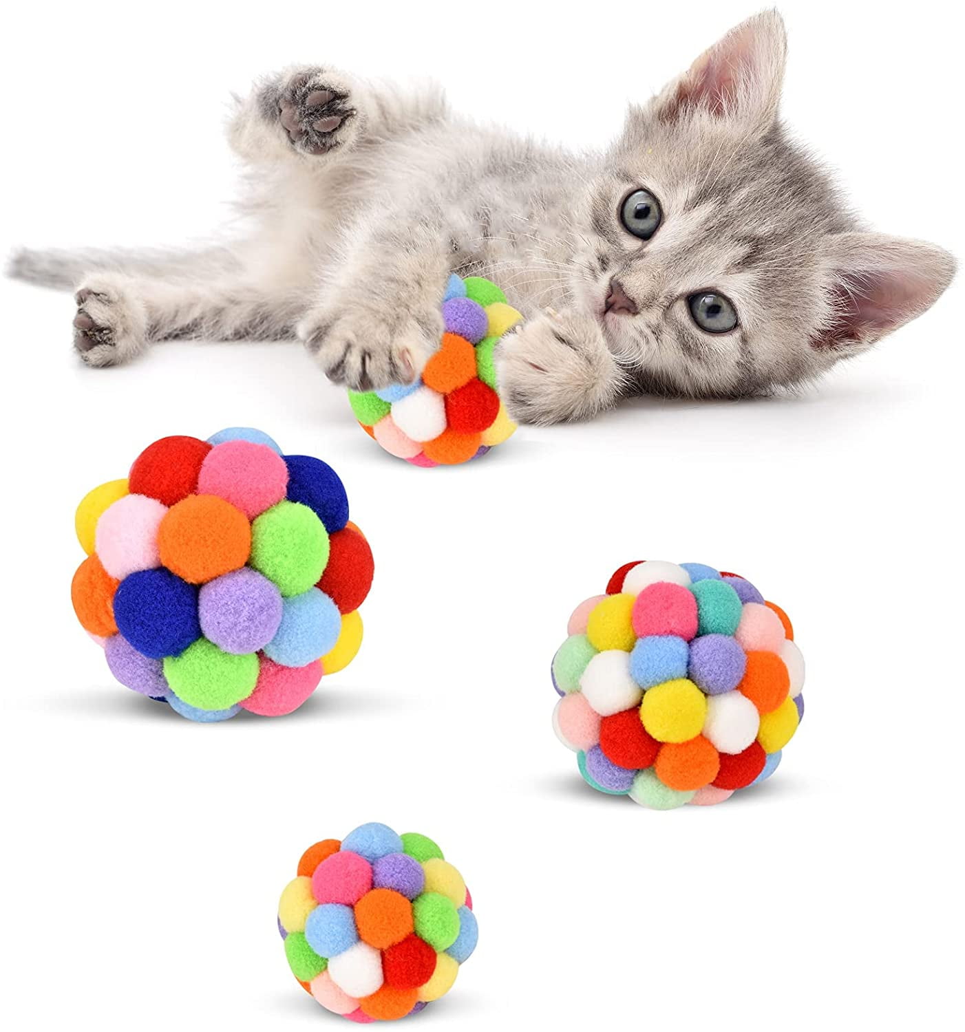 Molende Cat Toy Balls with Bell, 3 Sizes Pack, Colorful Soft Fuzzy ...