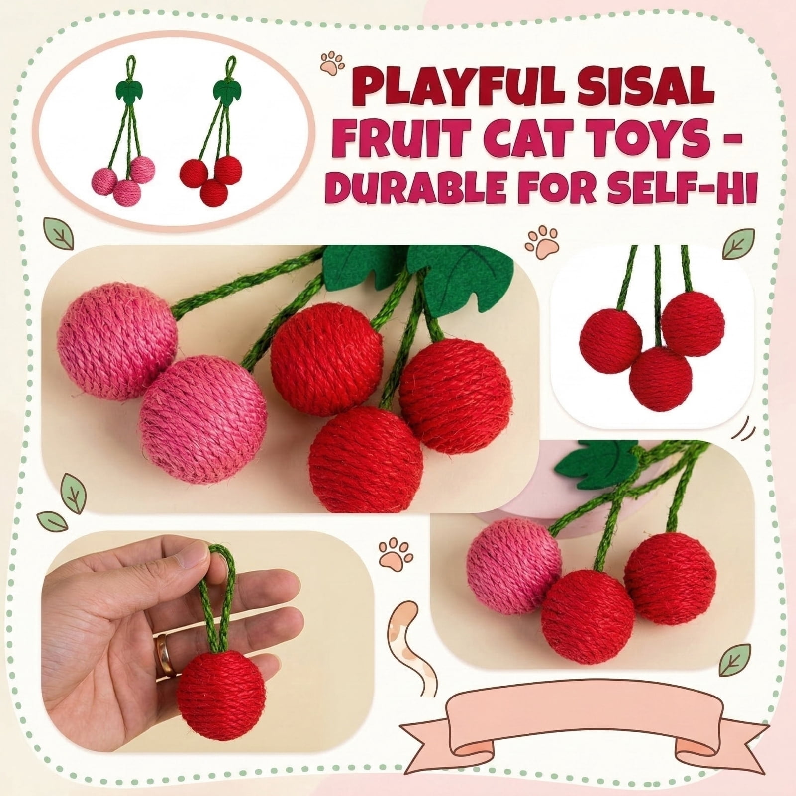 Cat Toy Balls, Cat Rope Toy, Sisal, 2inDiameter, Pink, Green Leaf, 3 ...