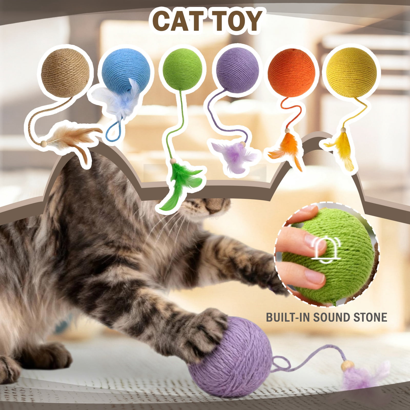 Cat Toy Balls with Feathers and Rattle Sound,Interactive Sisal Rope ...