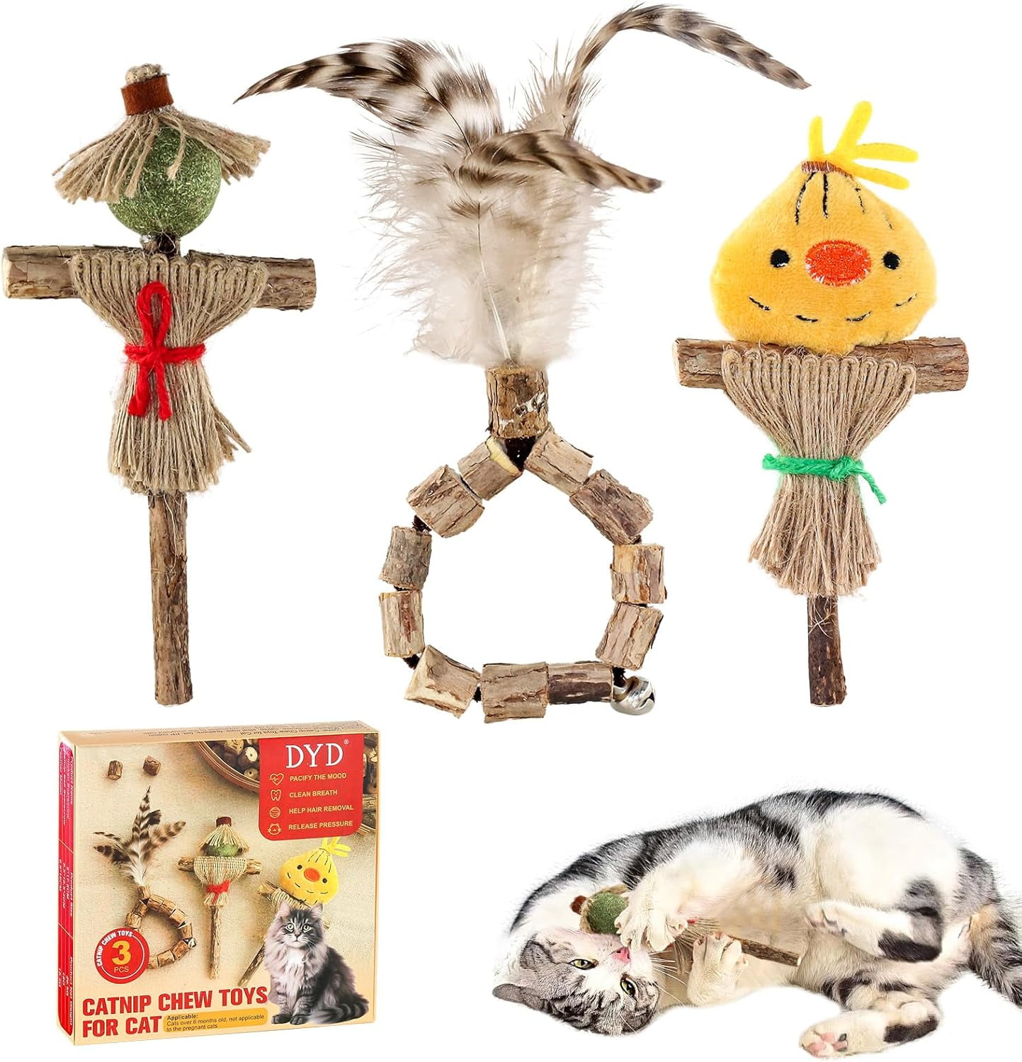 Cat Toy with Catnip and Matatabi - 3 Piece Set with Feathers, Chew Toy ...