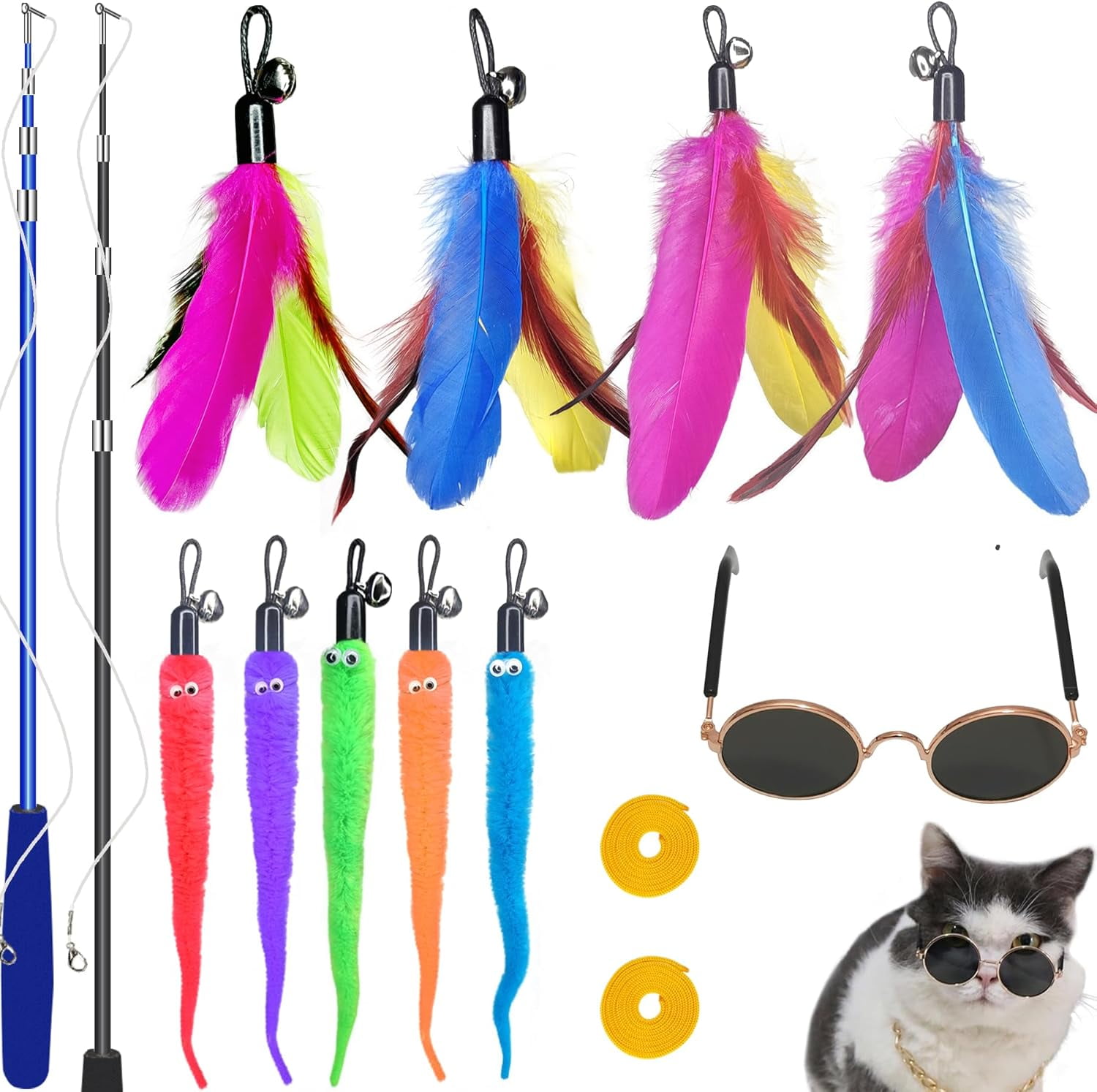 Cat Toys for Indoor Cats, 2 Pieces Telescopic Cat Wands, 9 Pieces Cat ...