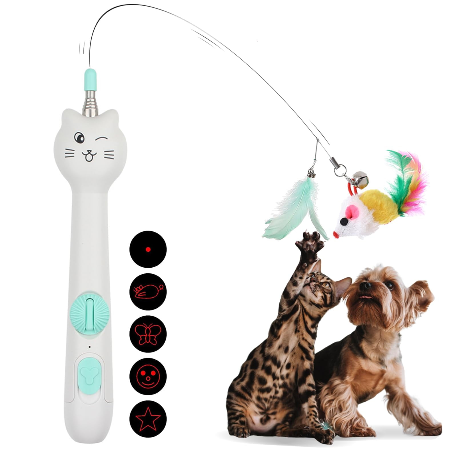 Cat Toys for Indoor Cats Retractable Cat Wand, with Feather & Mice, 3-in-1 Laser Pointer ...
