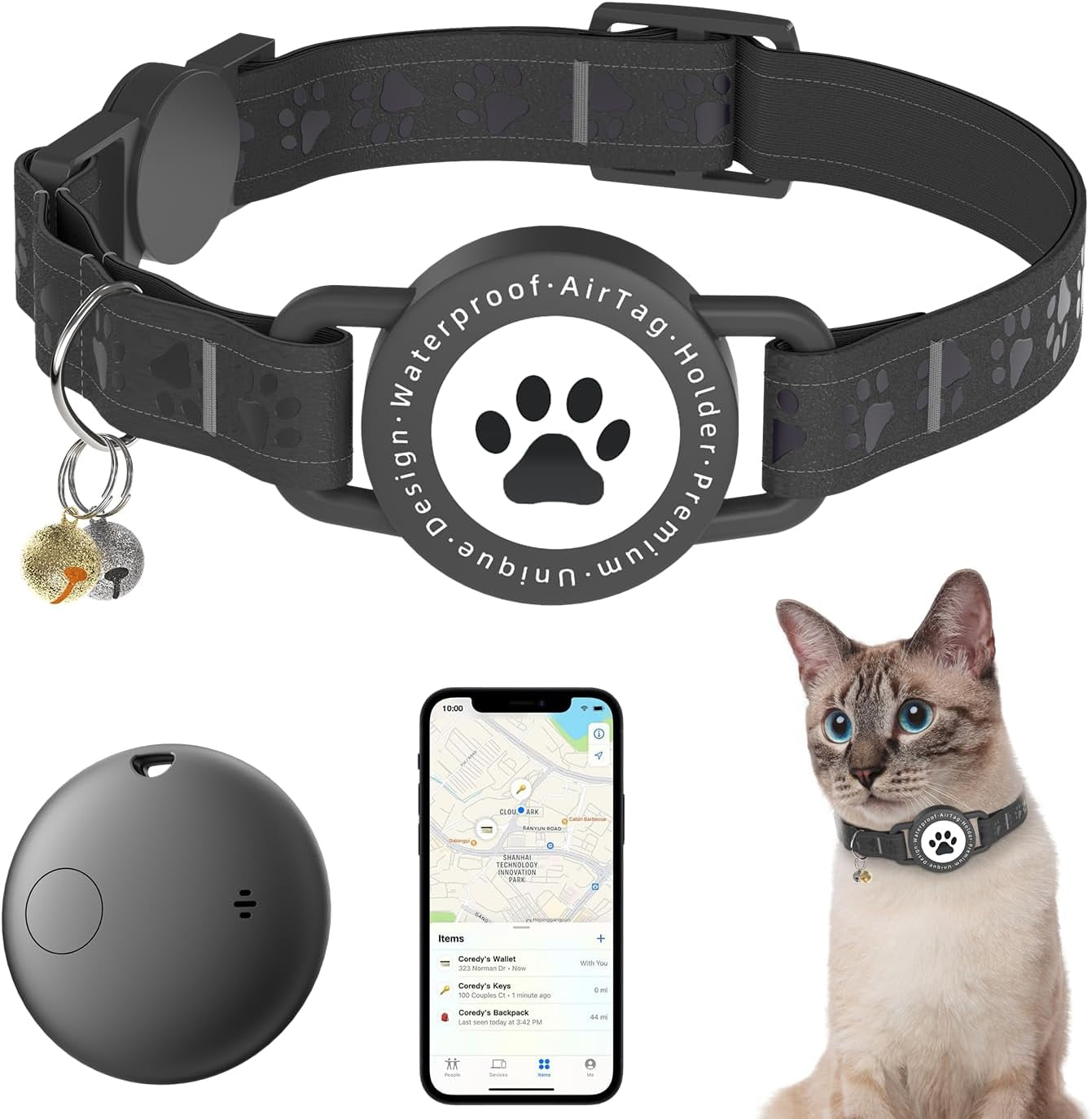 Cat Tracker Collar, IP68 Waterproof AirTag Cat Collar with Bells, Breakaway & Reflective Safety ...