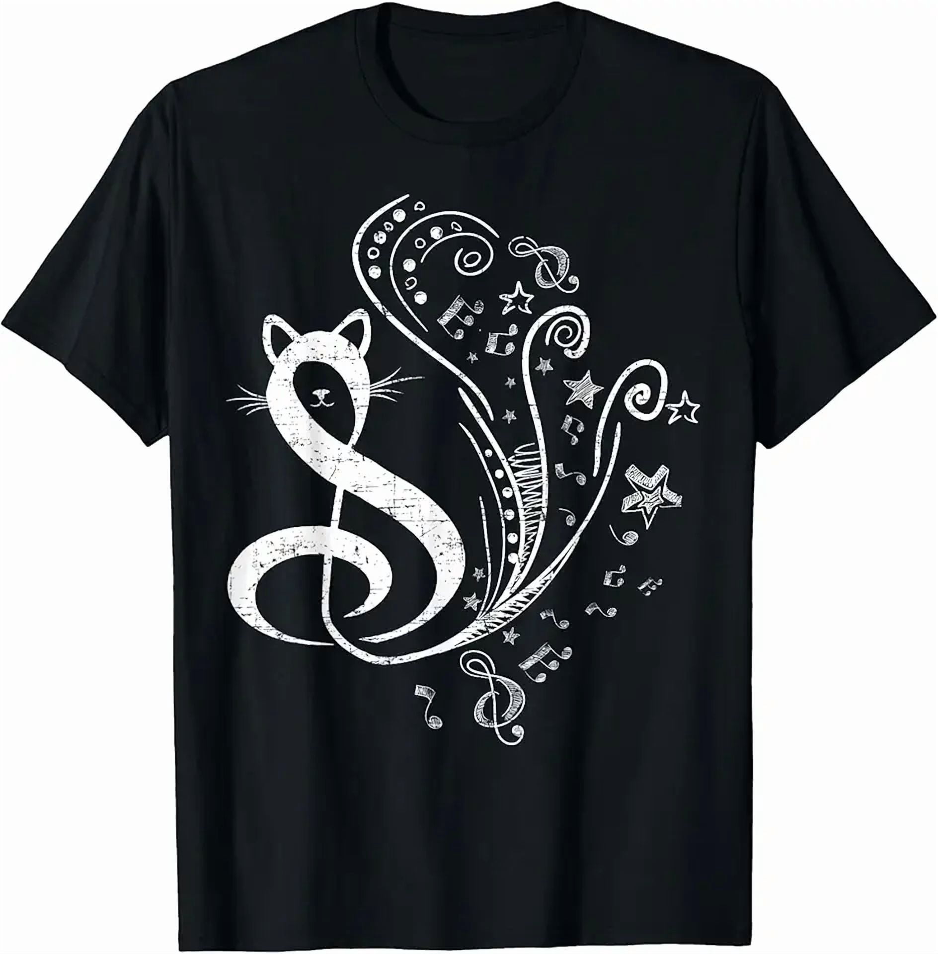 Cat Treble Clef Musical Notes Graphic T-Shirt for Musician Men Women ...