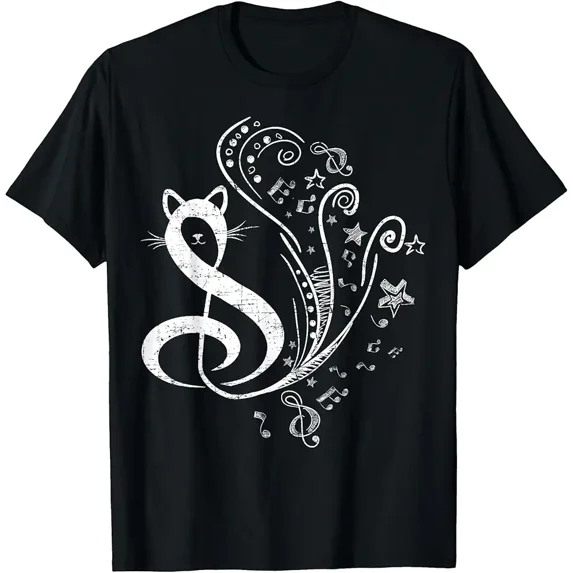 Cat Treble Clef Musical Notes Graphic T-Shirt for Musician Men Women ...