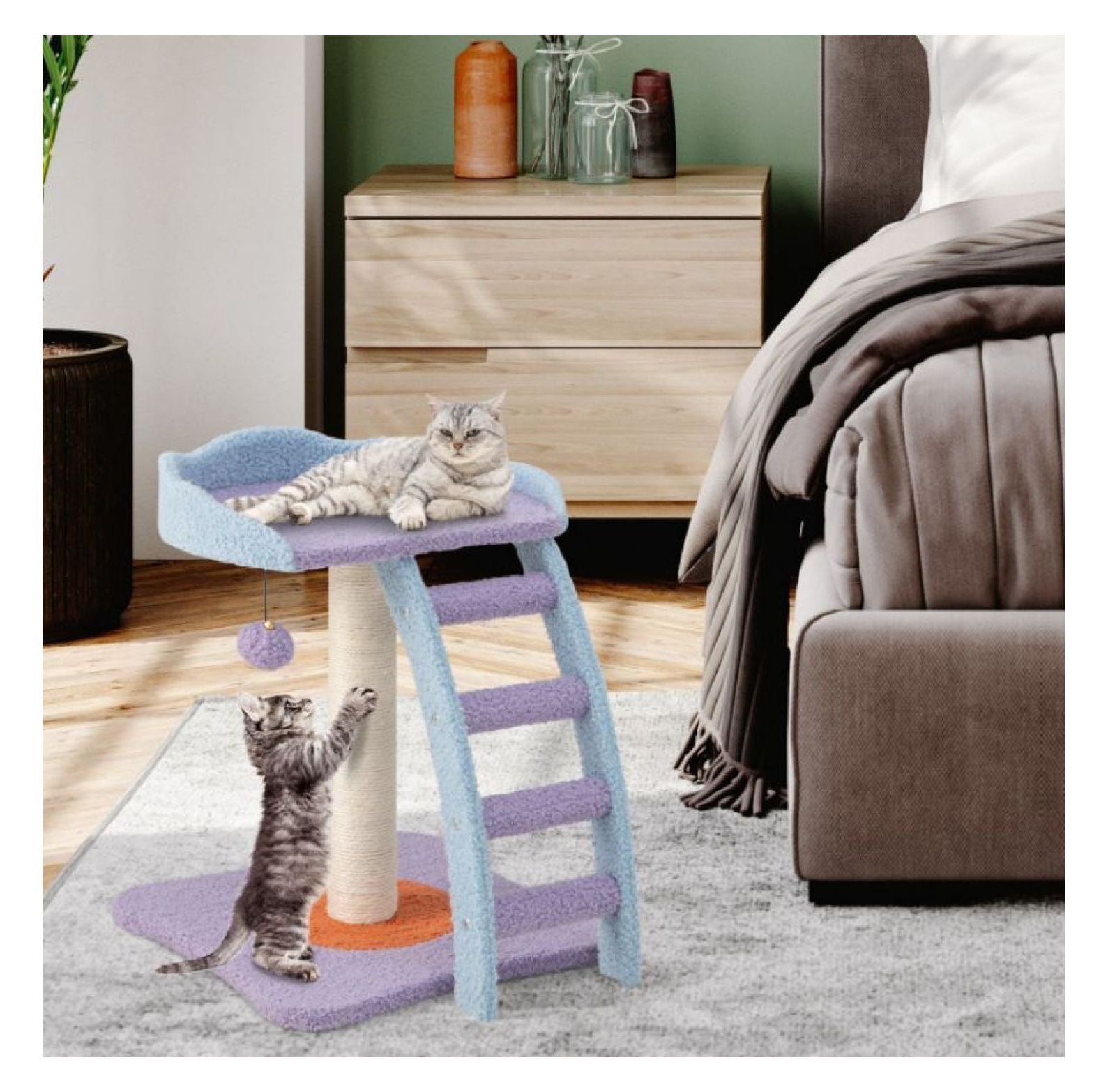 Cat Tree 19 Inch Mohair Plush Cat Tower with Ladder & Ball - 2 Tier ...