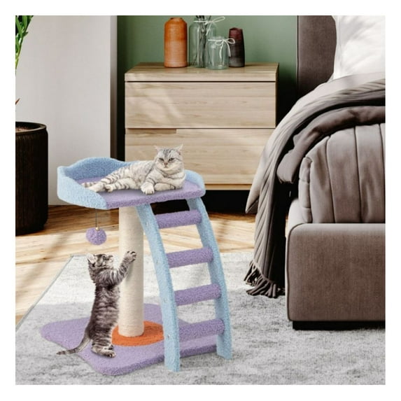 Cat Tree 19 Inch Mohair Plush Cat Tower with Ladder & Ball - 2 Tier ...