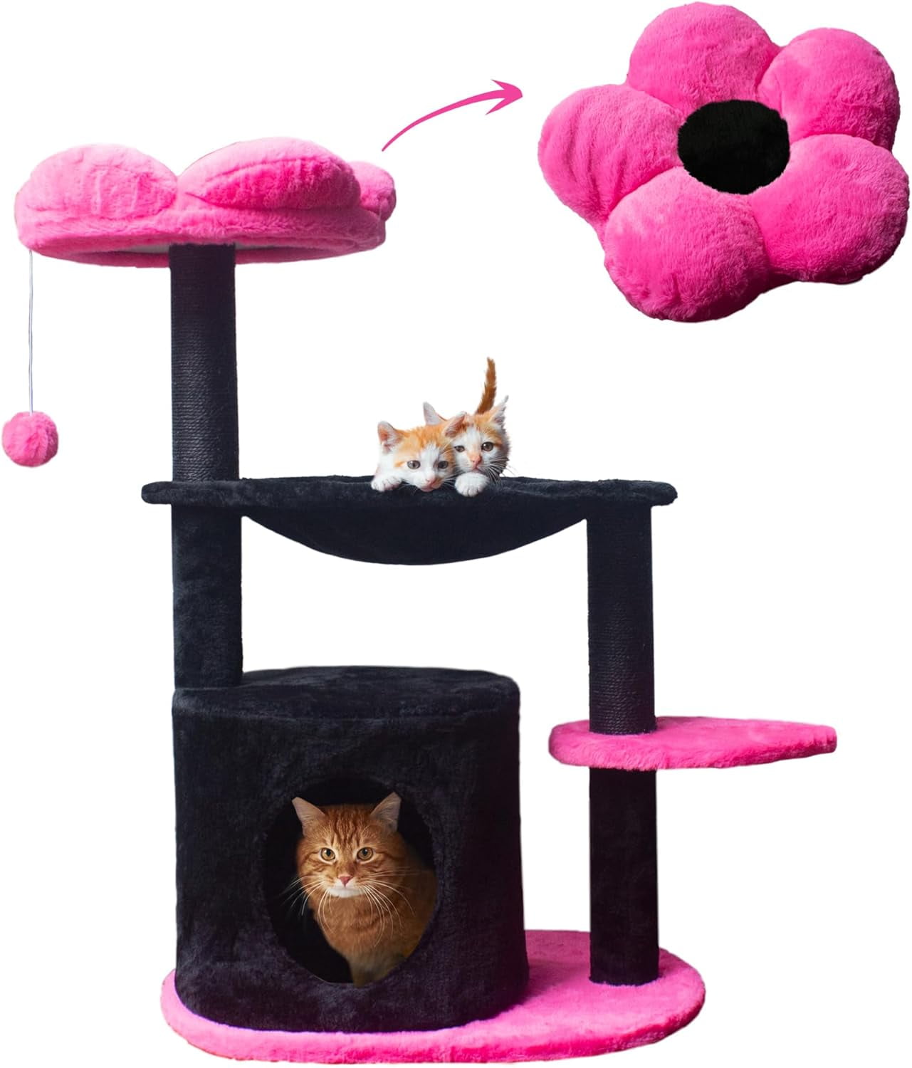 Cat Tree 33" Black Pink Flower Cat Tower for Indoor Cats, Scratching ...