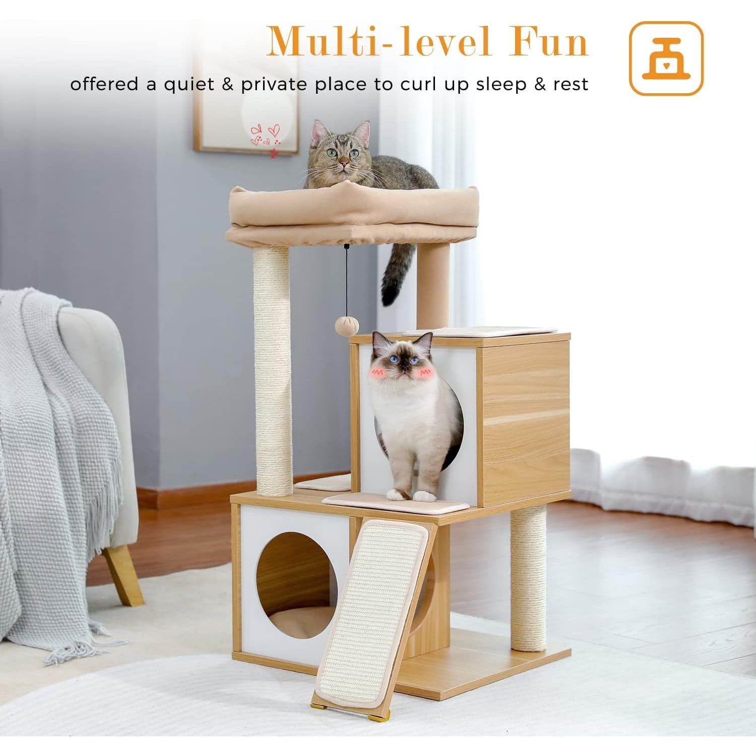 Cat Tree 35 Inches Wooden Cat Tower with Double Condos, Spacious Perch ...