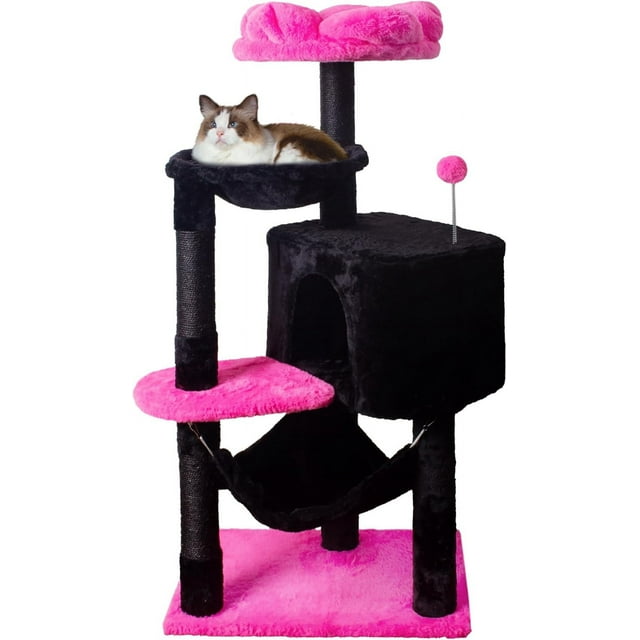 Cat Tree 43" Black Pink Flower Cat Tower for Indoor Cats Large Cat ...