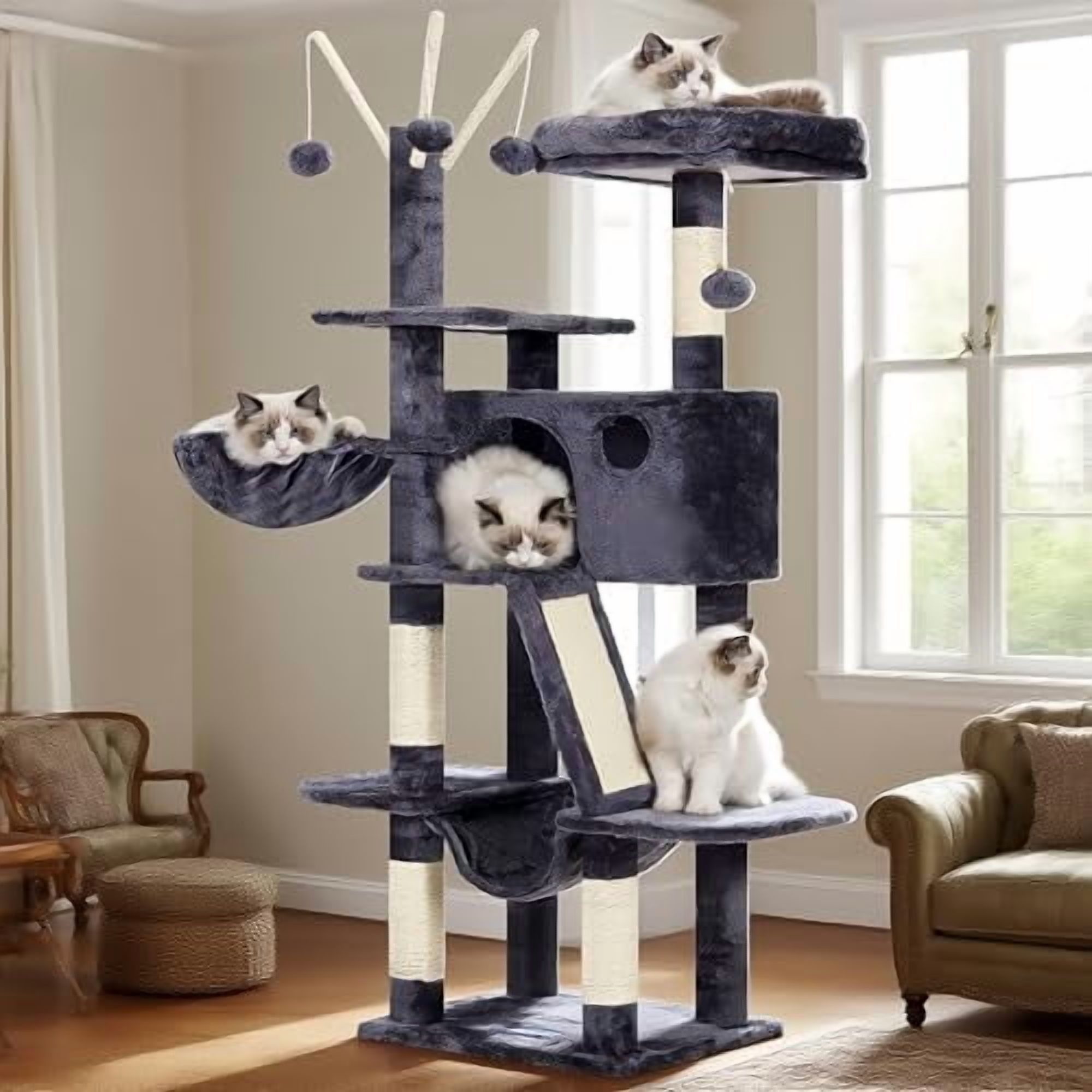 Cat Tree, 53 inch Cat Tower for Indoor Cats, Cat House with Padded ...