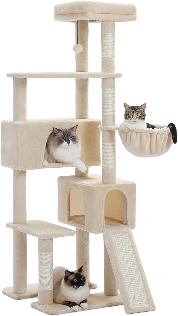 Cat Tree, 60 Inches Cat Tower with Dual Condos, Spacious Perch, Cozy ...