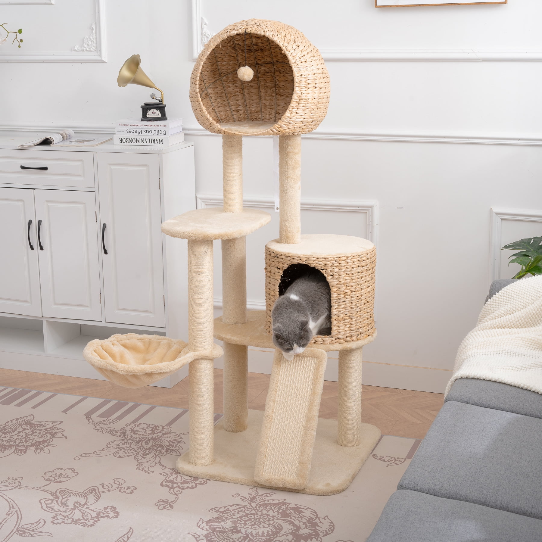 Cat Tree,61" Cat Tower for Indoor Cats,Plush Multi-Level Rattan Cat ...