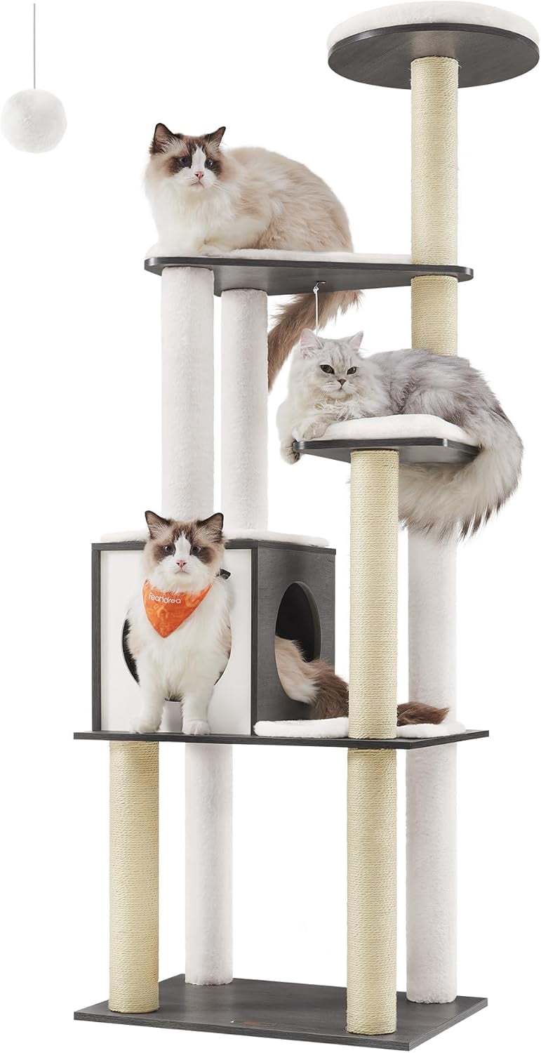 Cat Tree, 65-Inch Modern Cat Tower for Indoor Cats, Multi-Level Cat ...