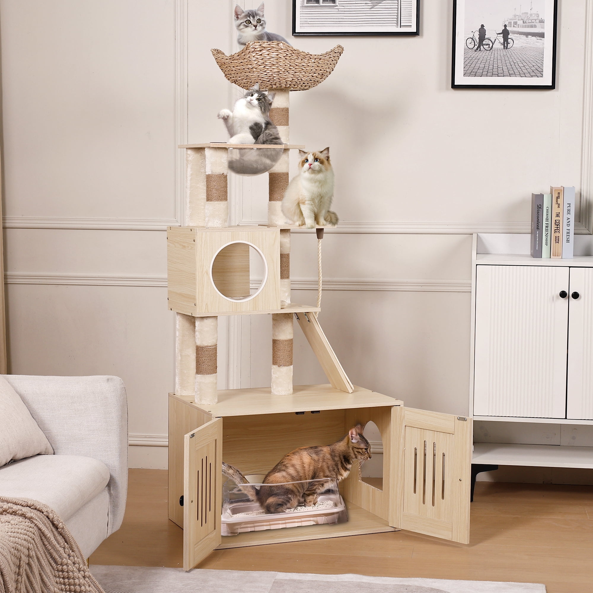 Cat Tree with Litter Box Enclosure, 170cm Cat Tower with House, Ladder ...