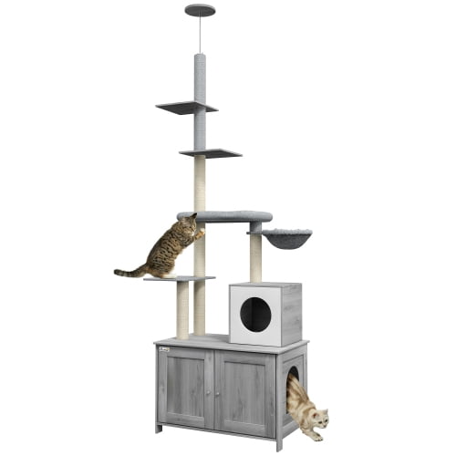 Cat Tree with Litter Box Enclosure, 2 in 1 Floor to Ceiling Cat Tower ...