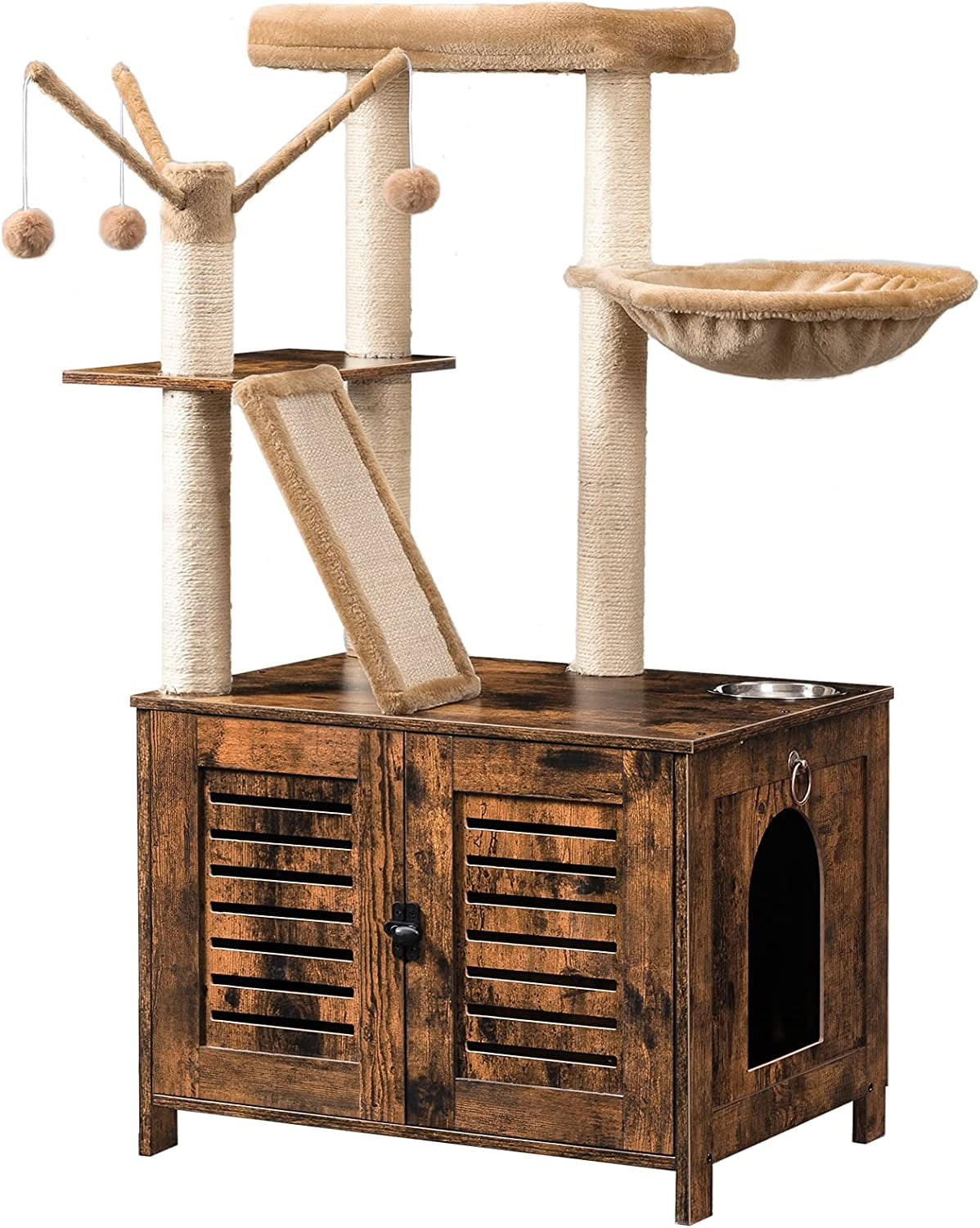 Cat Tree with Litter Box Enclosure, 44" Tall Wooden Cat Tower with ...