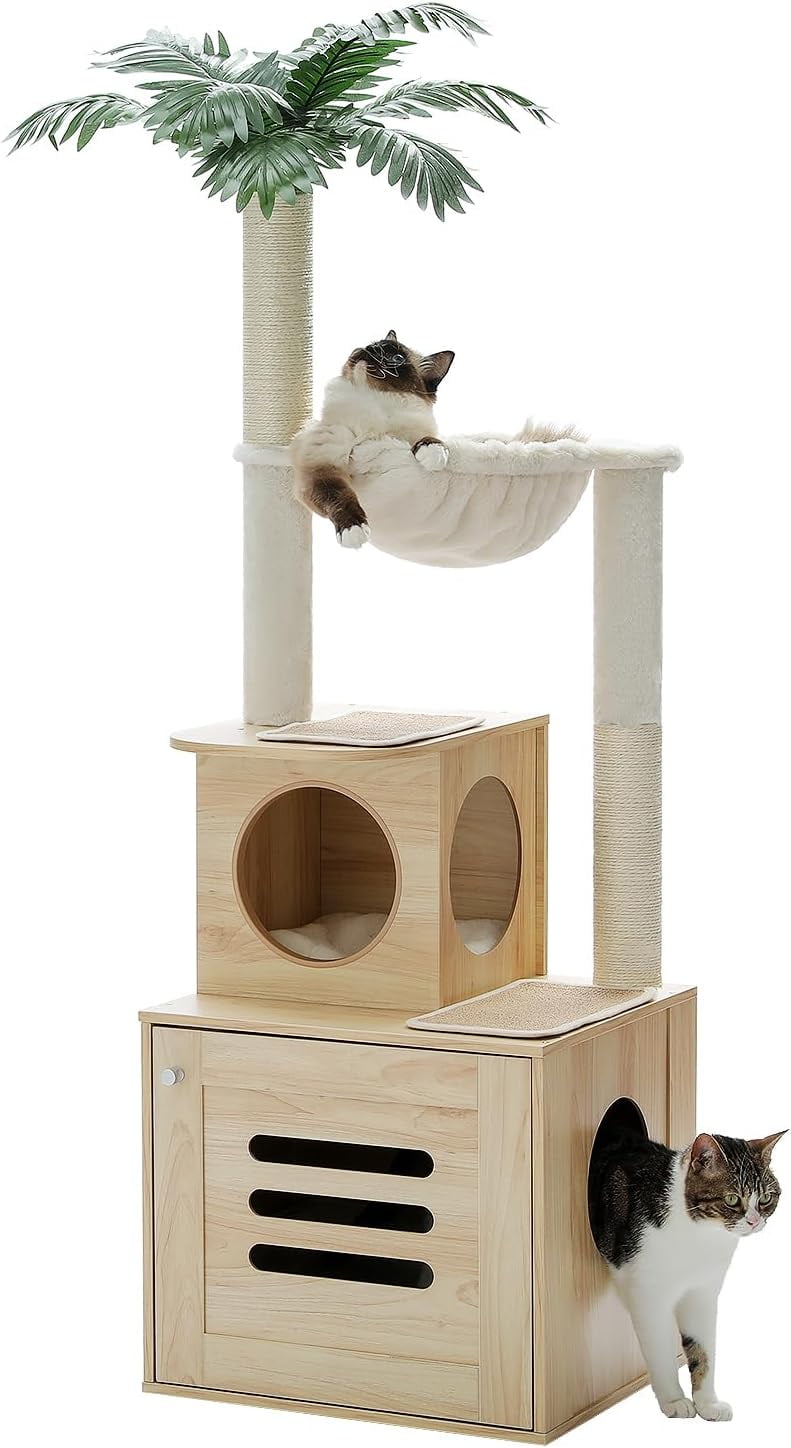 Cat Tree with Litter Box Enclosure 55.5" Modern Cat Tree Tower with Top ...