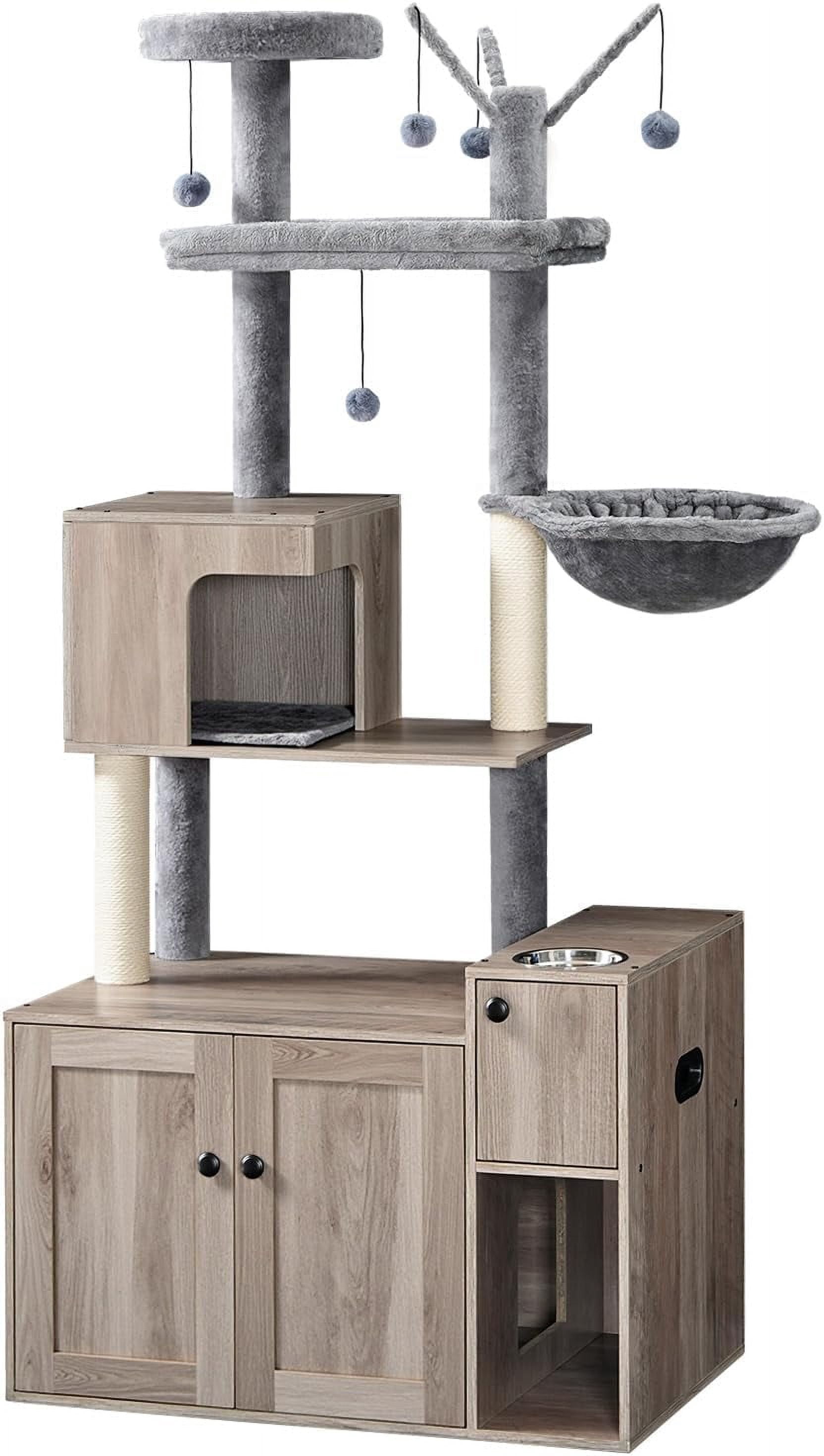 Cat Tree with Litter Box Enclosure 68.9" H Cat Tower with Food Bowl and ...