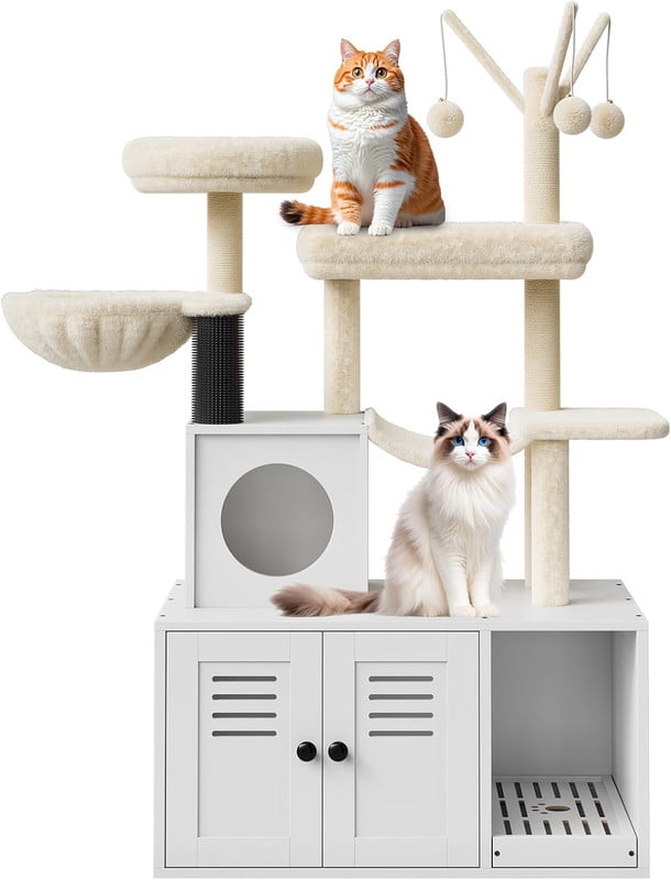 Cat Tree with Litter Box Enclosure, All-in-One Modern Cat Tower for ...